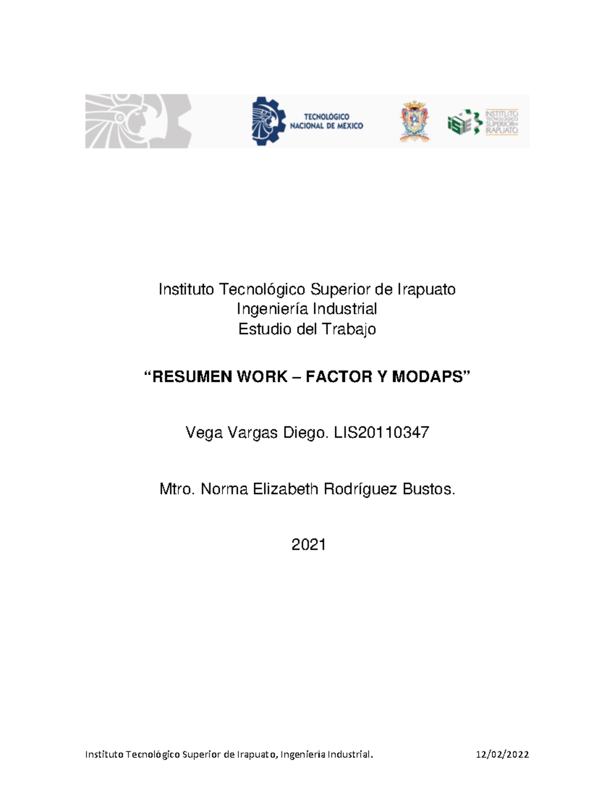 Resumen WORK – Factor Y Modaps - Instituto Tecnológico Superior de ...