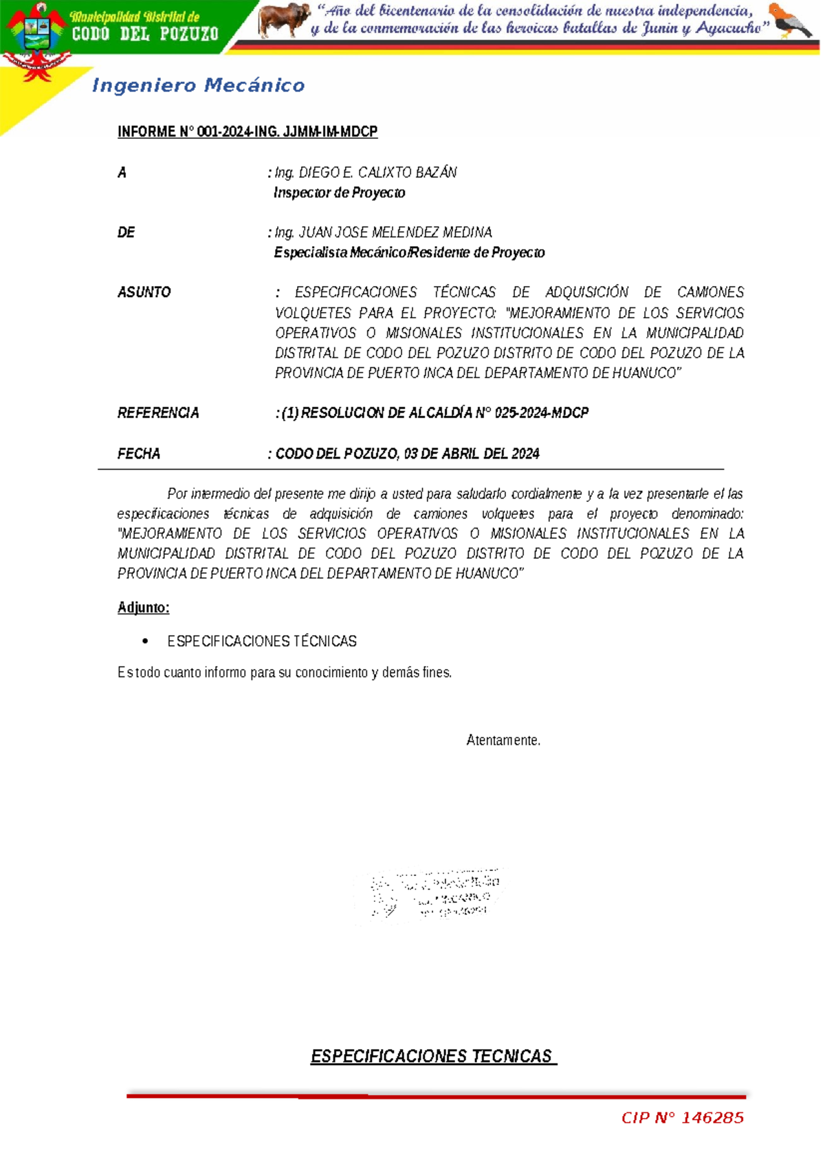 Informe N° 01 Especificaciones Técnicas DE Volquetes - INFORME N° 001 ...