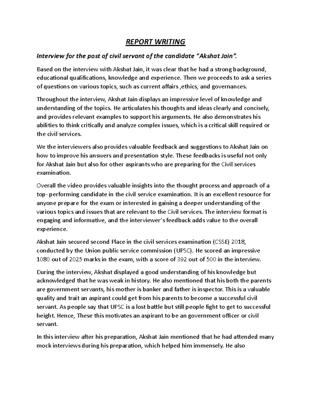 Report Writing CIA-3.1 SEM-2 english-2 - REPORT WRITING Interview for ...