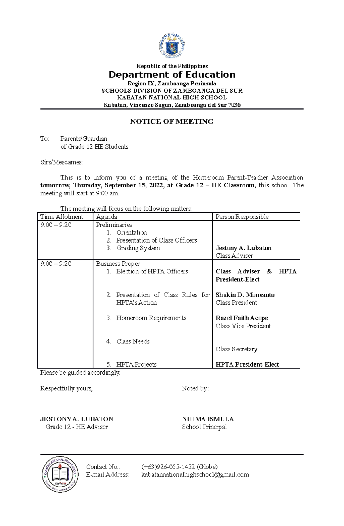 Notice of Meeting - Republic of the Philippines Department of Education ...