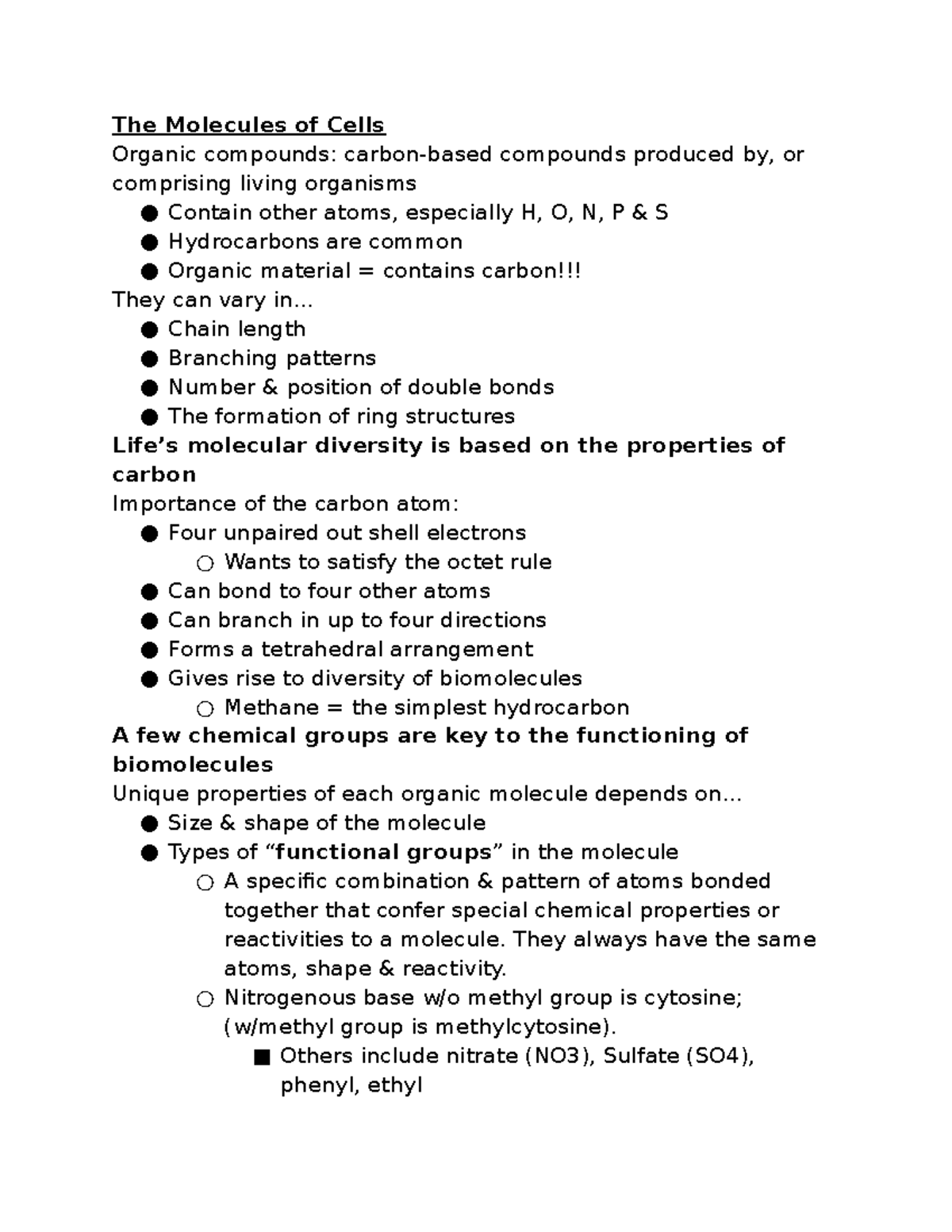 Ch. 3 notes - The Molecules of Cells Organic compounds: carbon-based ...