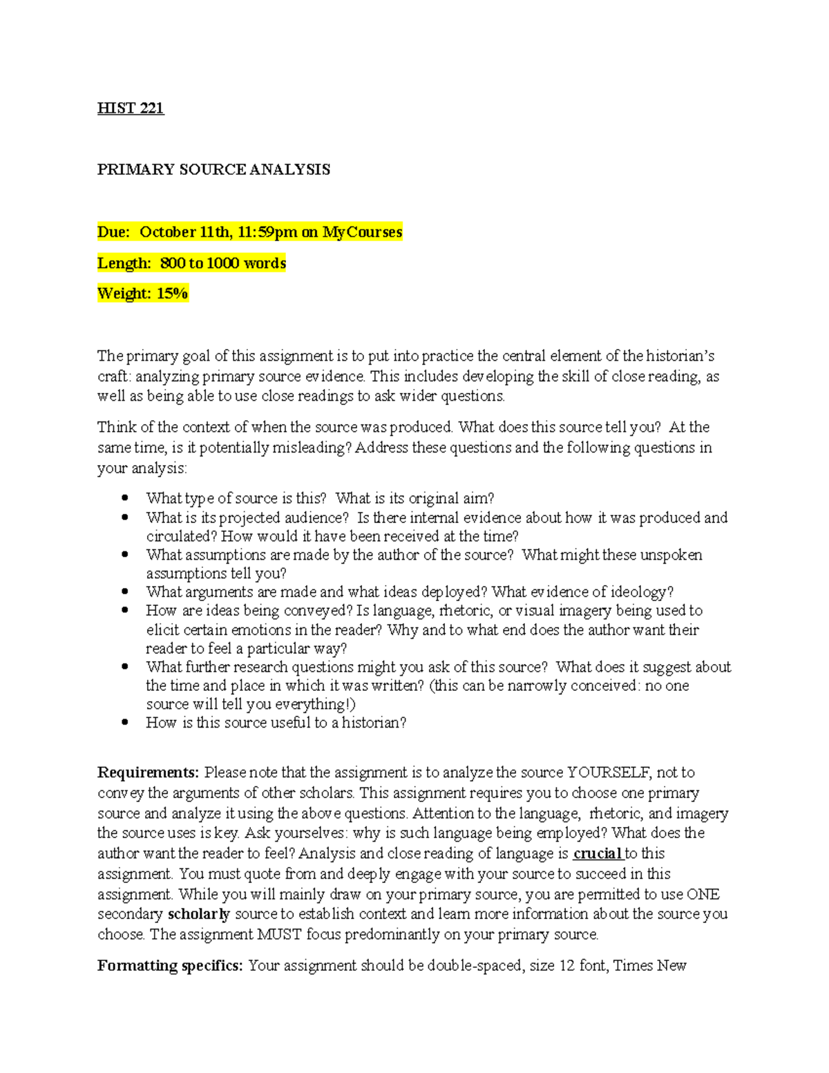 Primary Source Assignment-2 - HIST 221 PRIMARY SOURCE ANALYSIS Due: October 11th, 11:59pm on ...