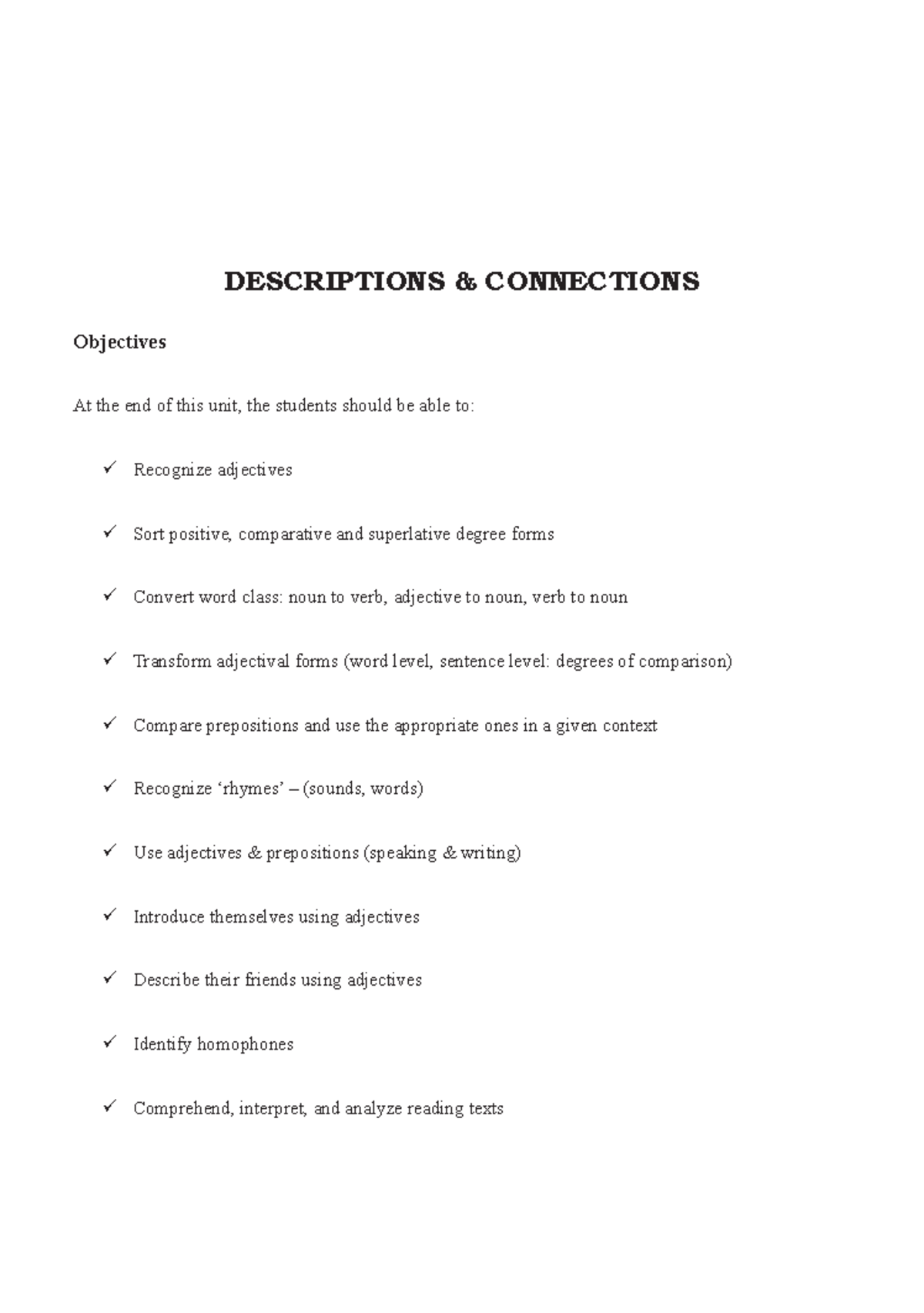 Descriptions & Connections in communication english - UNIT 2 ...