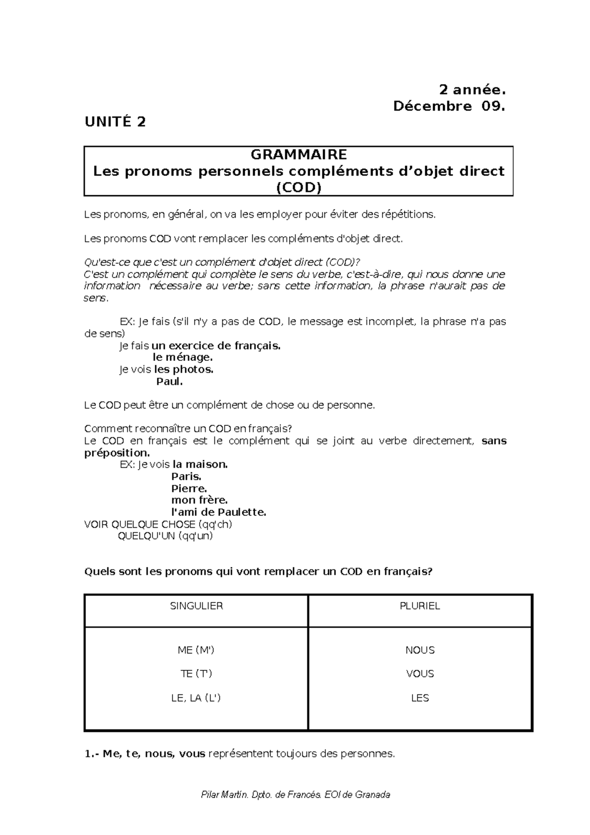 Les-Pronoms-Cod - Francuski - 2 année. Décembre 09. UNITÉ 2 GRAMMAIRE ...