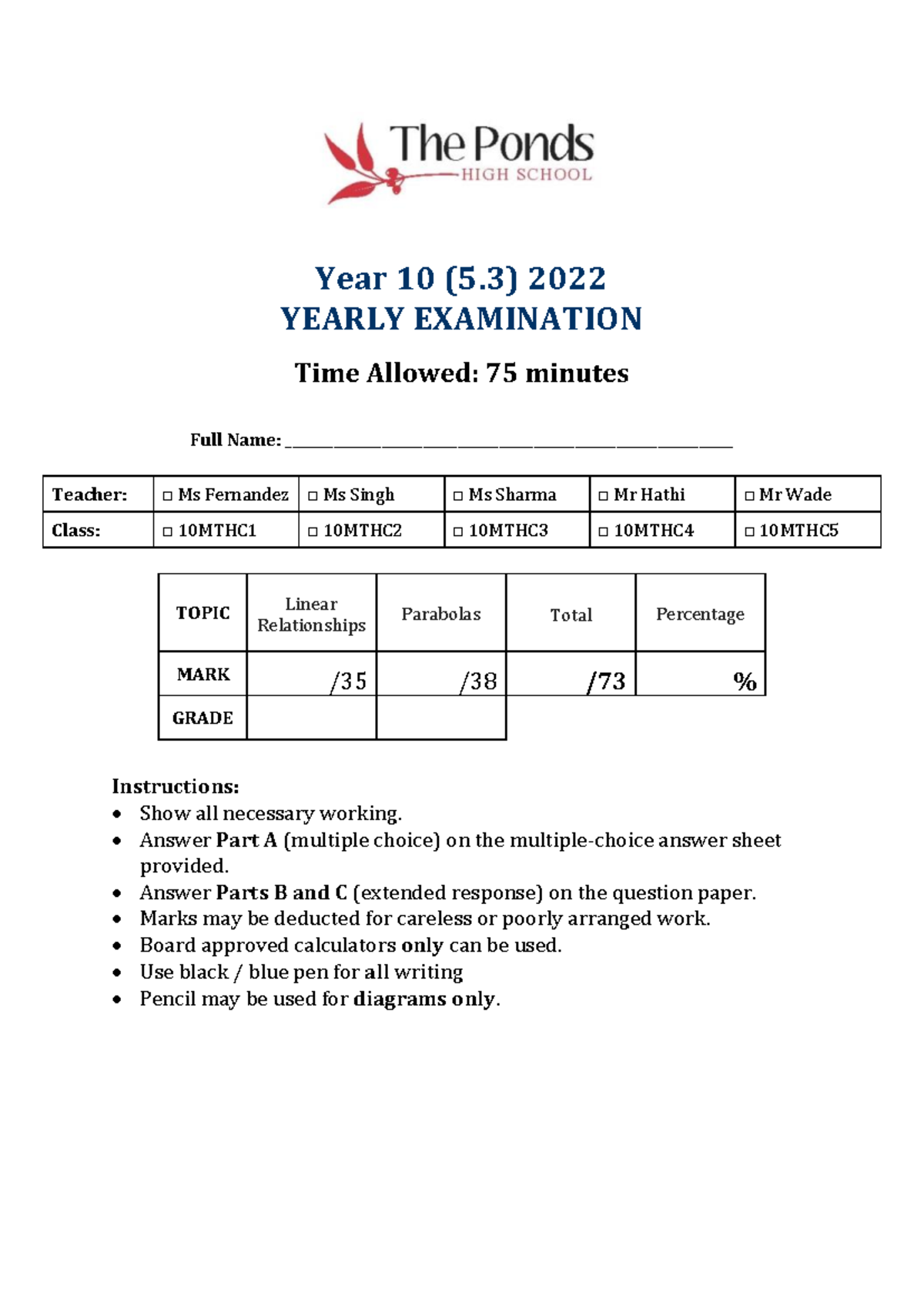 Year 10 5.3 Yearly Examination 2022 V2 - Year 10 (5) 20 22 YEARLY ...