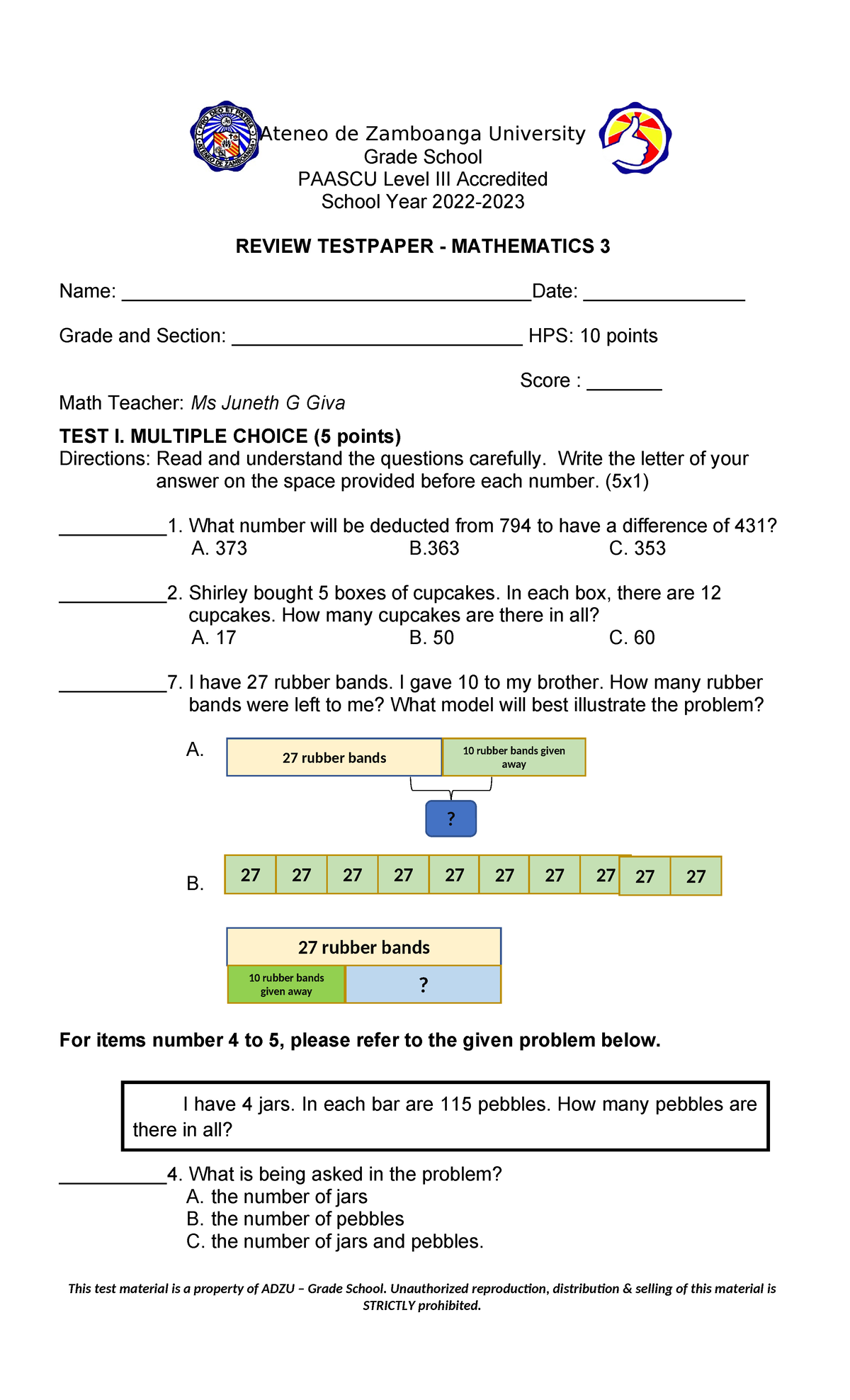 Math - Review questions - Ateneo de Zamboanga University Grade School ...