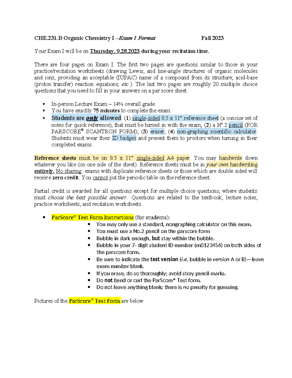 Exam 1 format - CHE.231 Organic Chemistry I –Exam I Format Fall 2023 ...