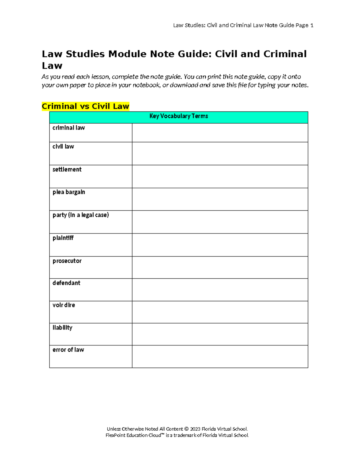 Criminal and civil law module note guide - Law Studies Module Note ...