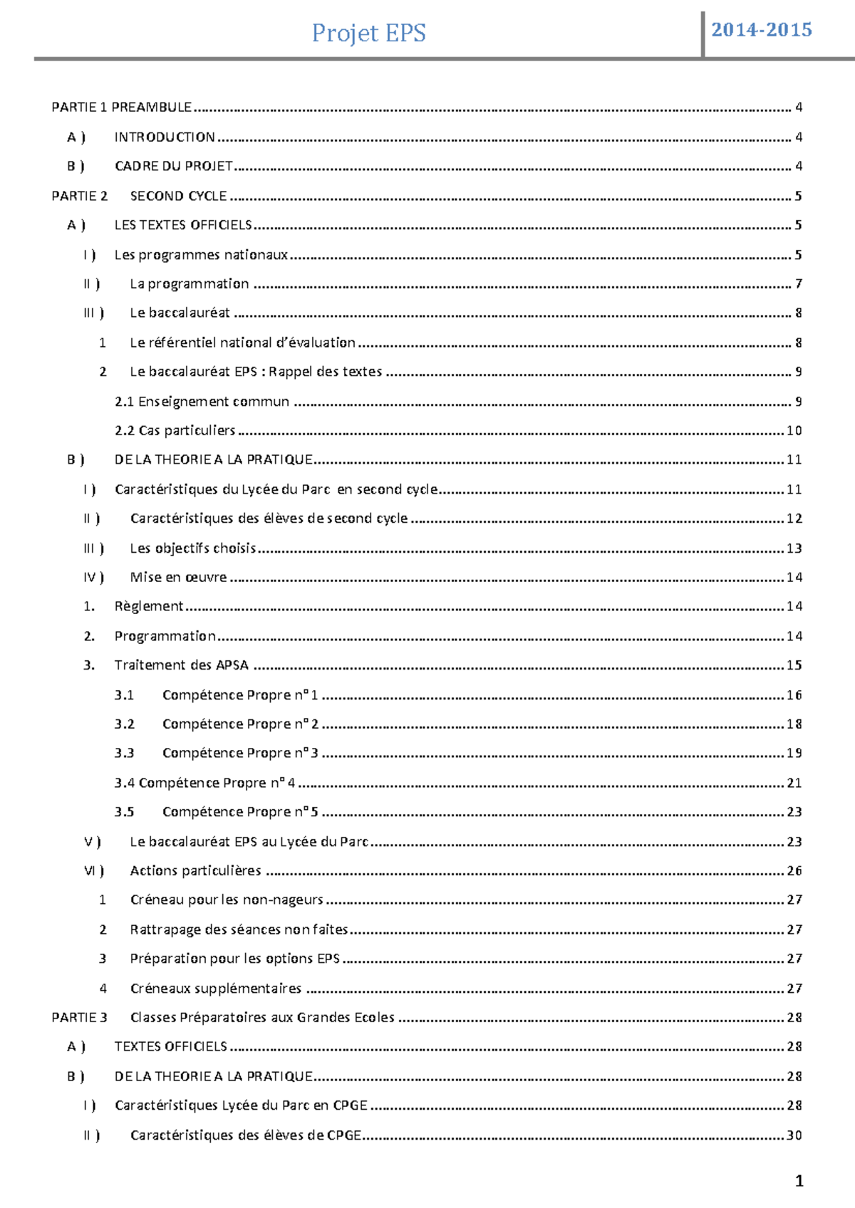 Projet P dagogique EPS 14 15 - PARTIE 1 PREAMBULE A ) INTRODUCTION B ) CADRE DU - Studocu