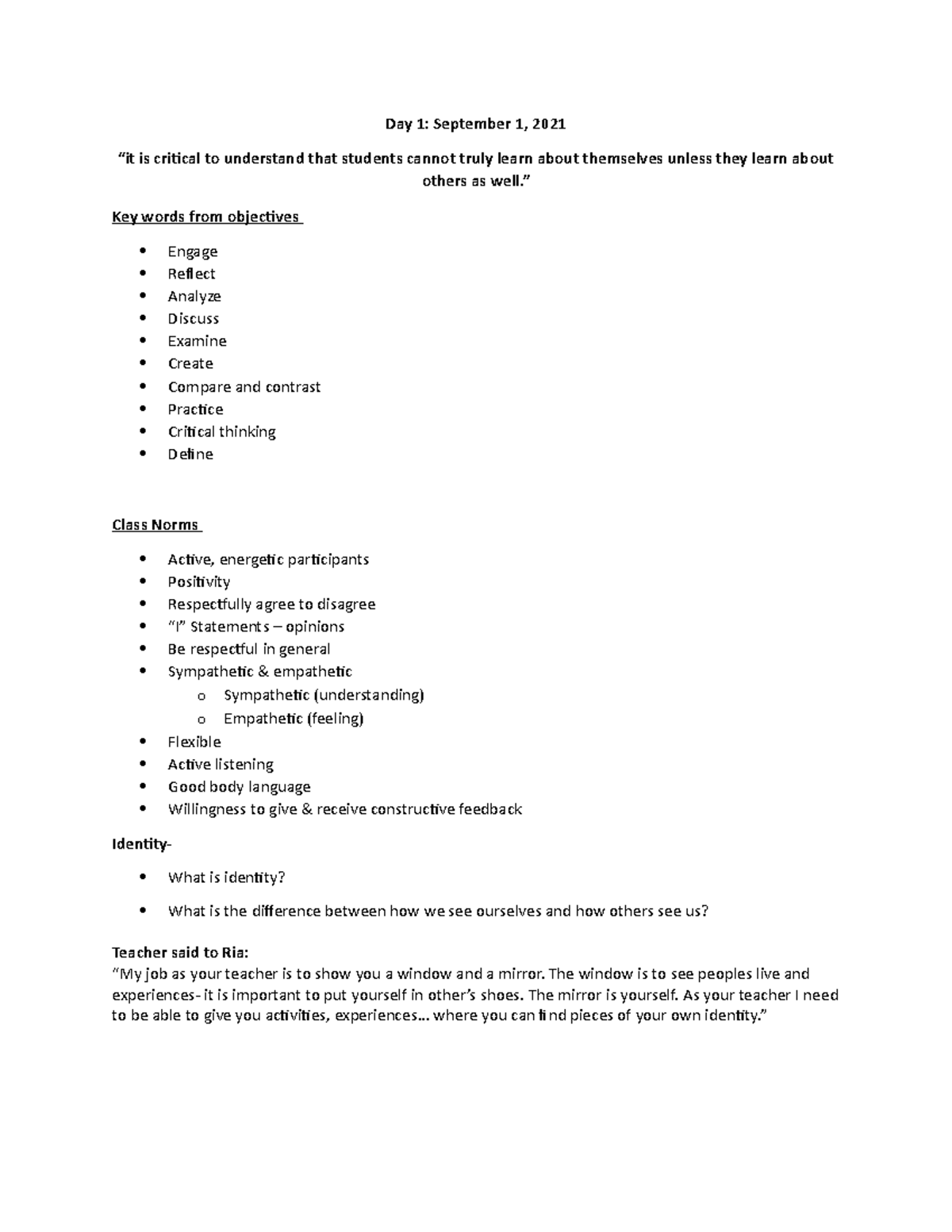 Intro to teaching notes 1 - Day 1: September 1, 2021 “it is critical to ...