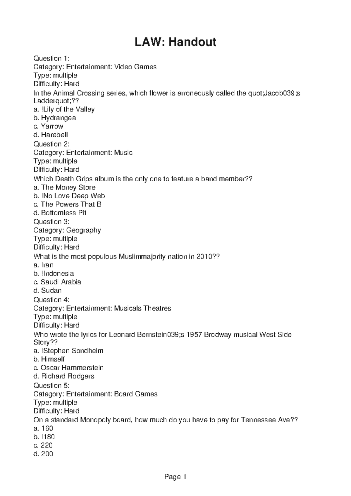 LAW196 Group Assignment 9 - LAW: Handout Question 1: Category ...