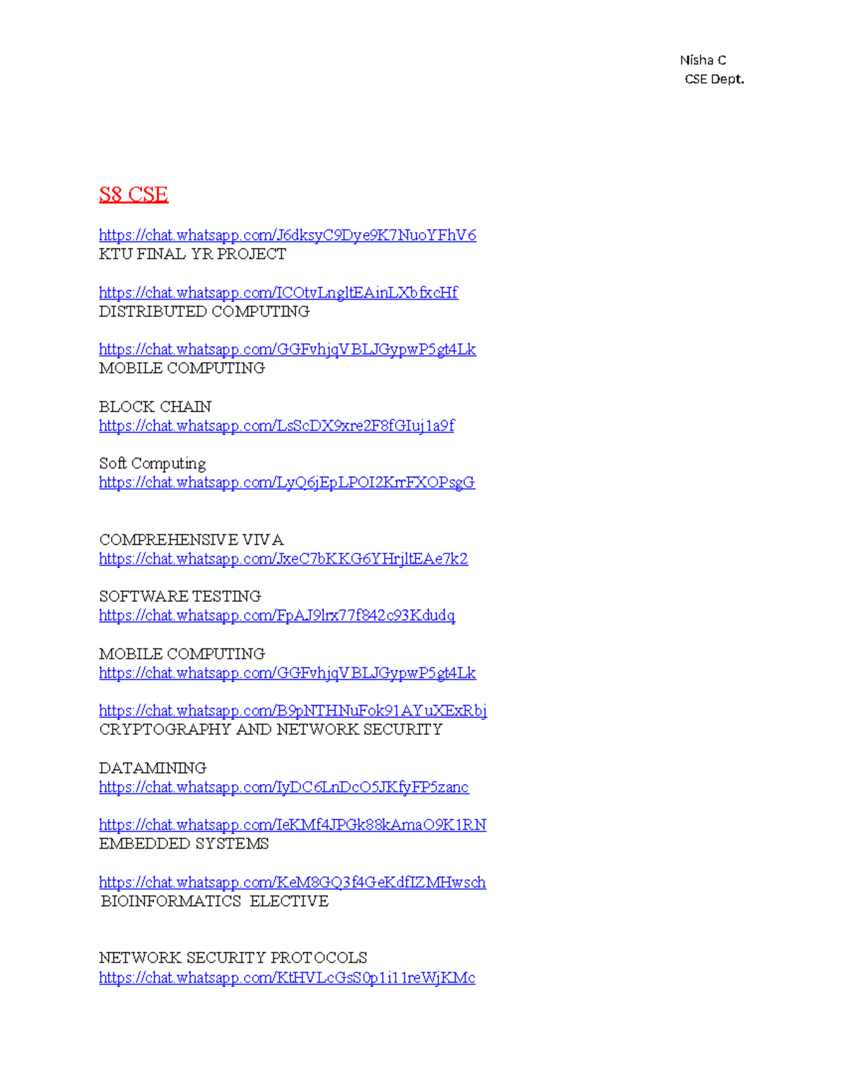 Updated-CSE Whatsapp Group Links - CSE Dept. S8 CSE chat.whatsapp/J6dksyC9Dye9K7NuoYFhV KTU ...