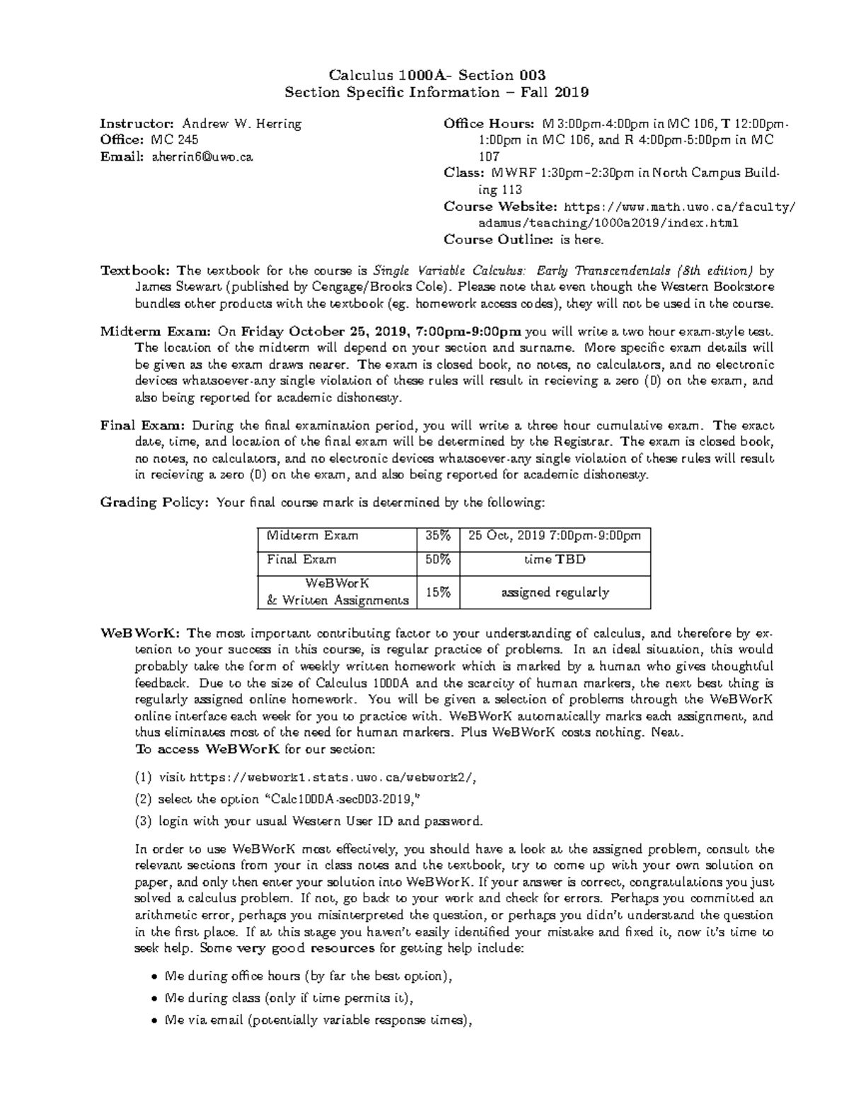 Calc1000A 003 - syllabus - Calculus 1000A- Section 003 Section Specific Information – Fall 2019 ...