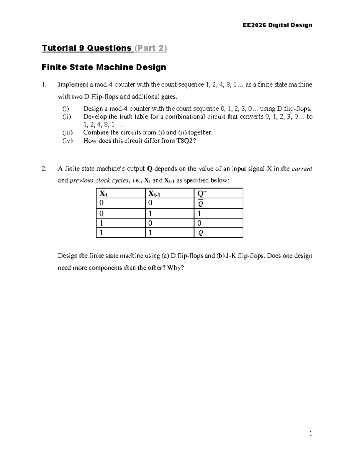 EE2026 Tutorial-9 (wk10) - Tutorial 9 Questions (Part 2) Finite State ...