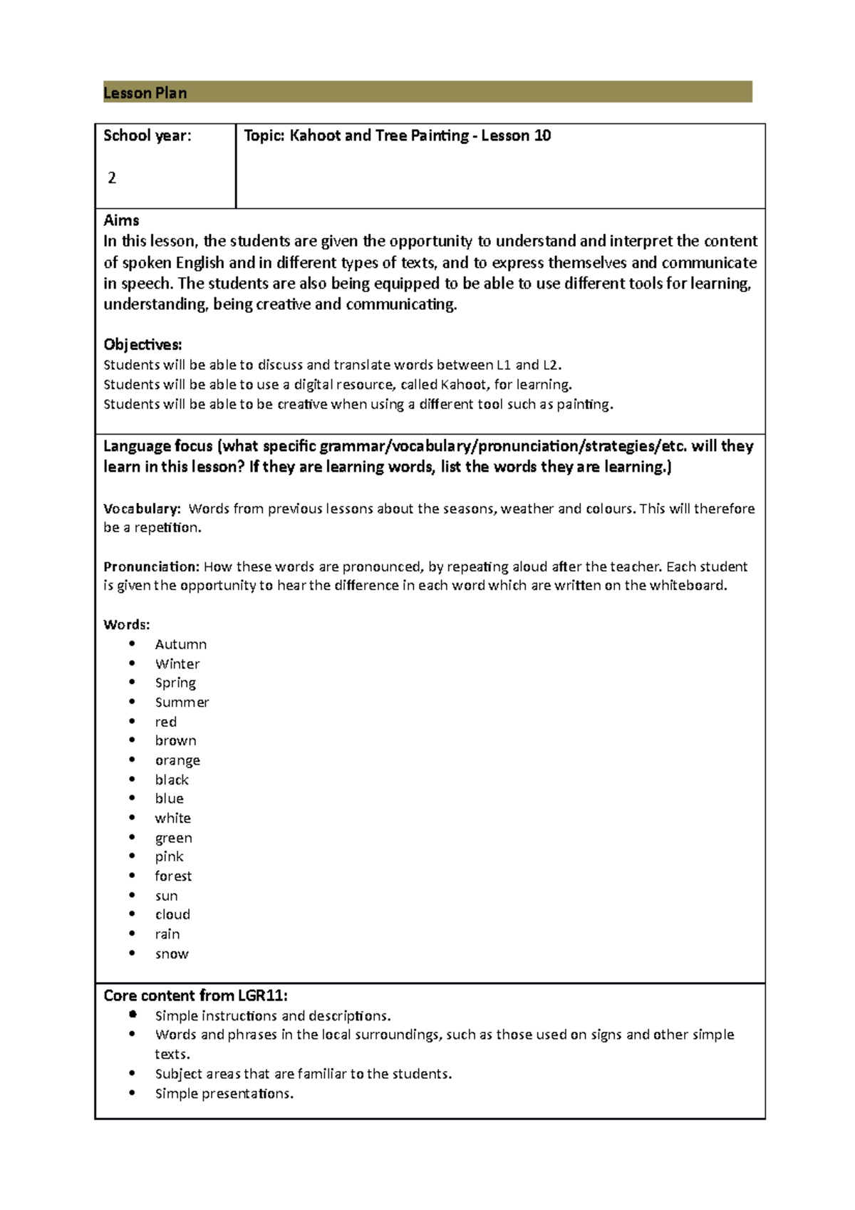 Lesson plan 10 - Lektionsplanering i Engelska - Lesson Plan School year ...