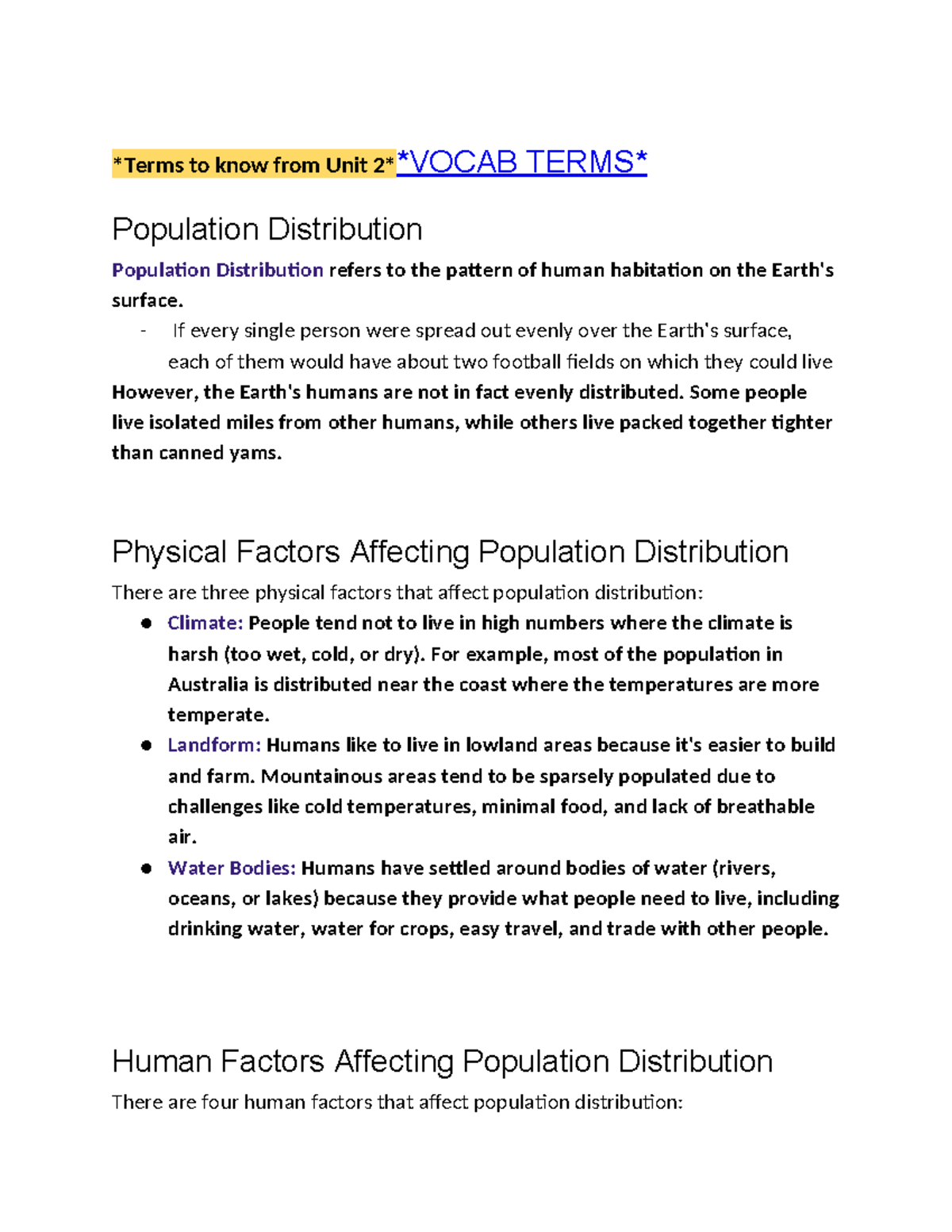 Unit 2 Population and Migration Patterns and Processes - Terms to know ...