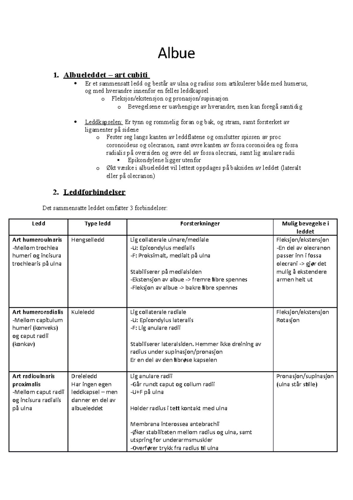 Eksamensnotater anatomi albue - Albue 1. Albueleddet – art cubiti Er et ...