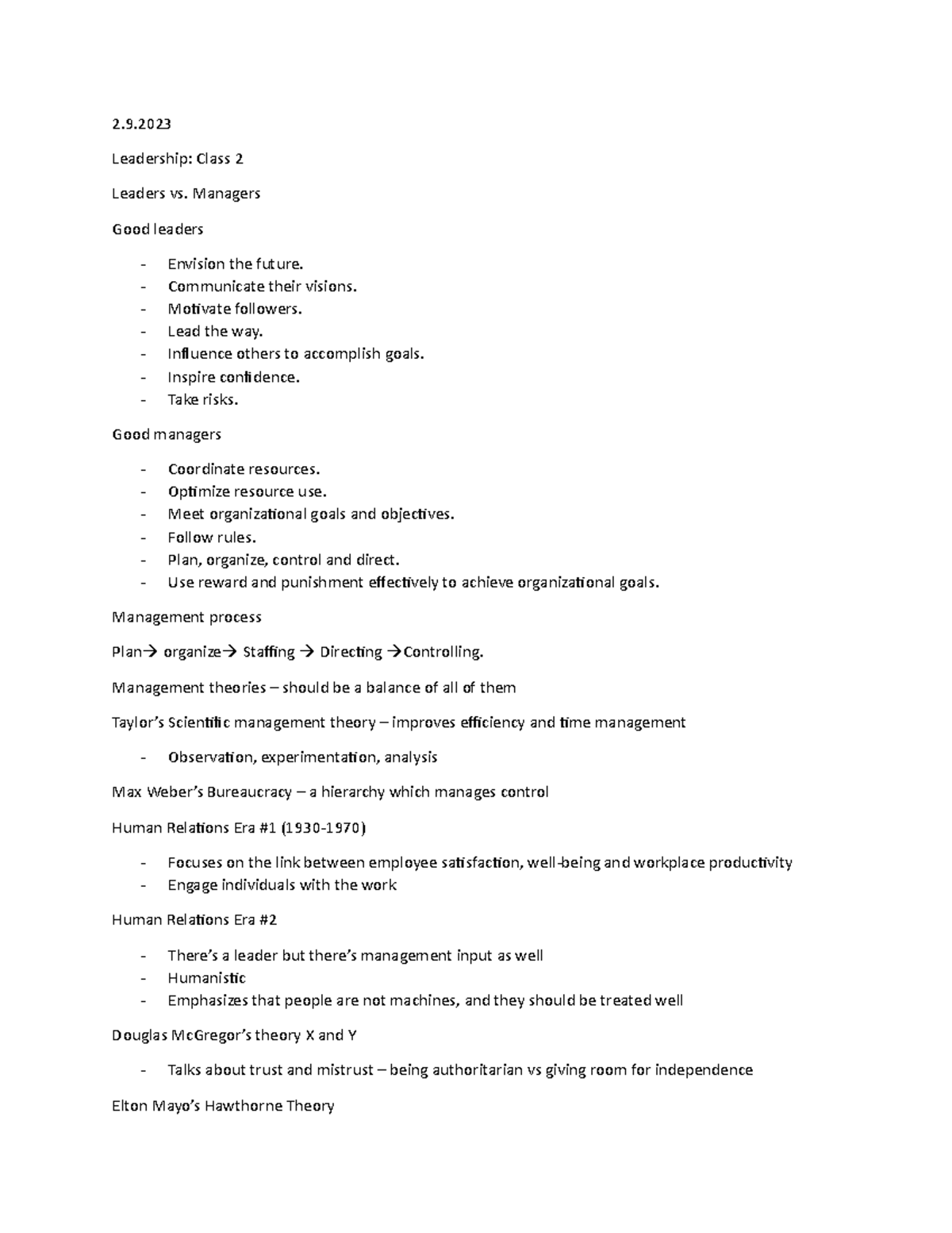 Class 2 - good - 2. Leadership: Class 2 Leaders vs. Managers Good ...