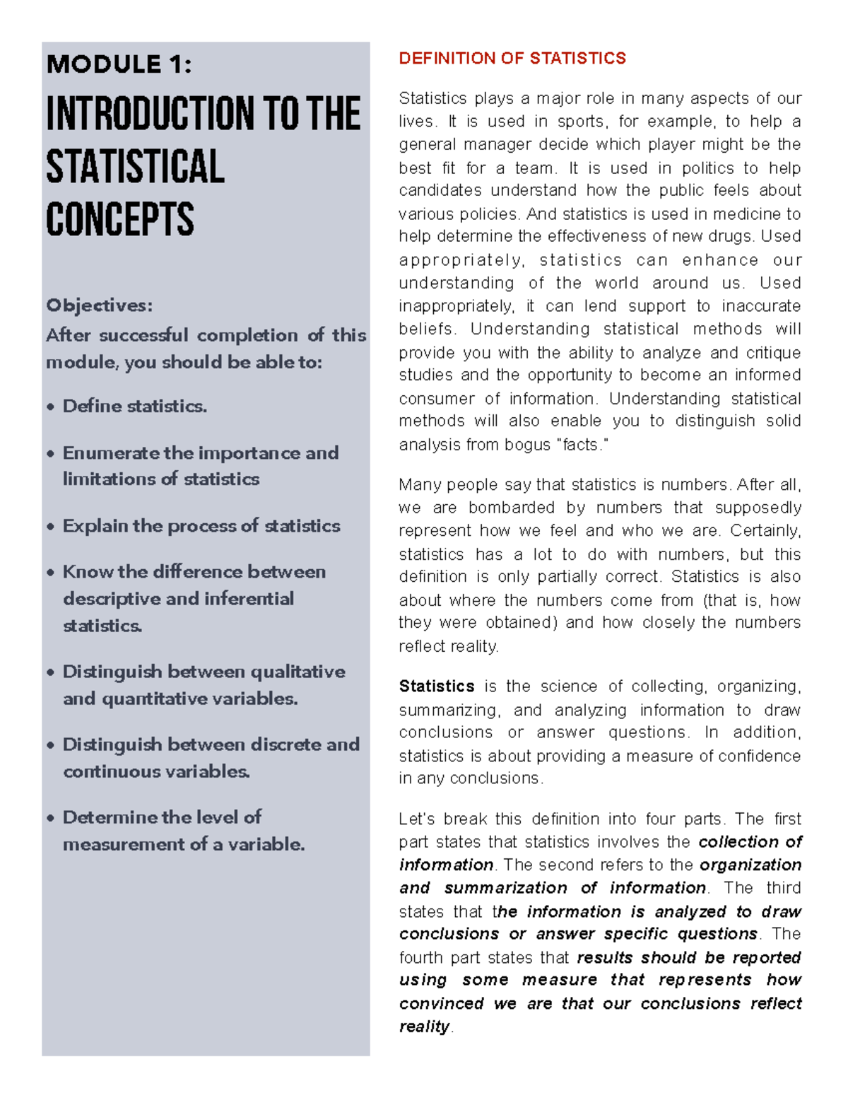 Statistical Analysis WITH Software Application - MODULE 1: INTRODUCTION ...