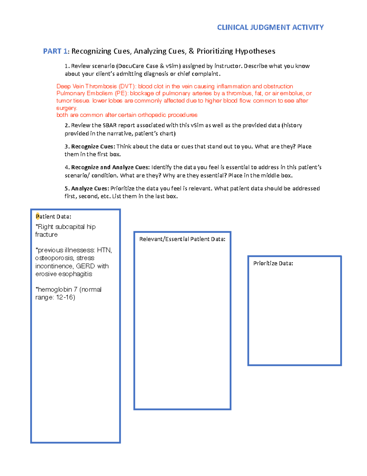 Pre-Clinical Clinical Judgment Worksheet Susan Weil - CLINICAL JUDGMENT ...