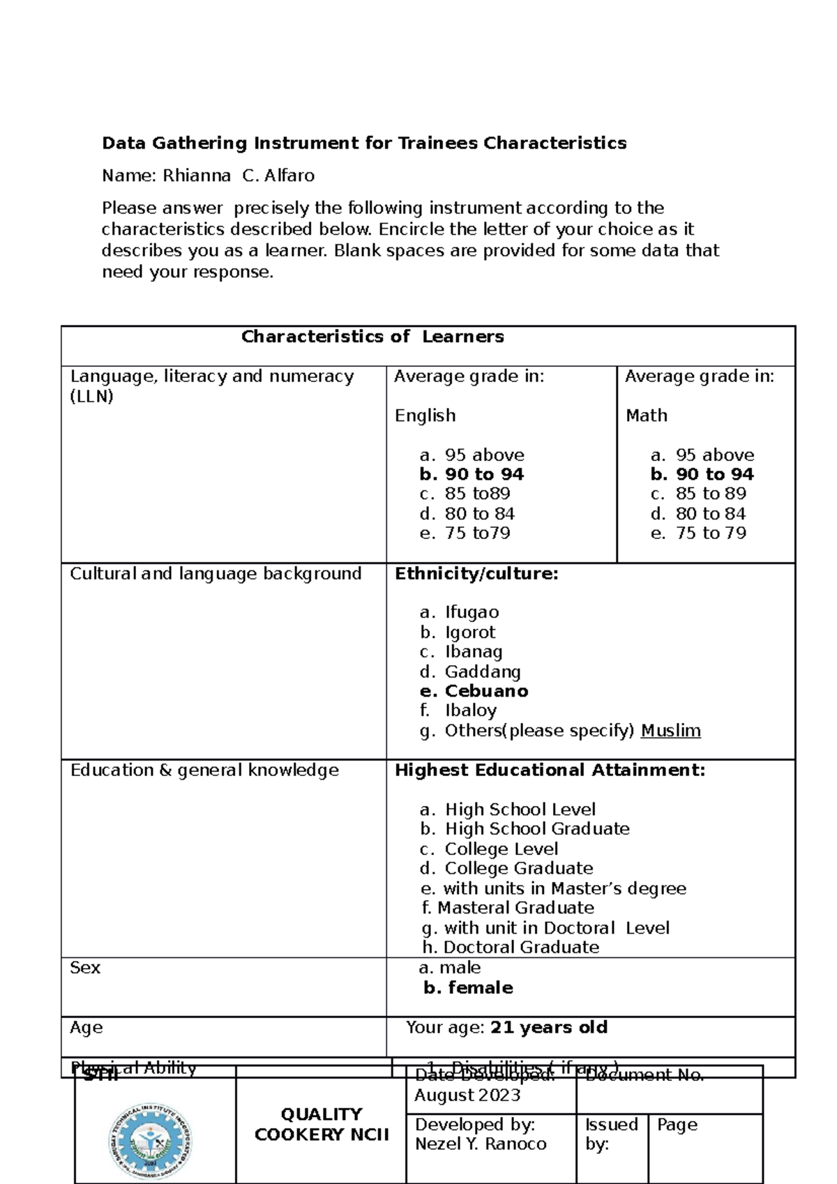 Ranoco Cookeryncii CORE#6 Prepare MEAT Dishes - Data Gathering ...