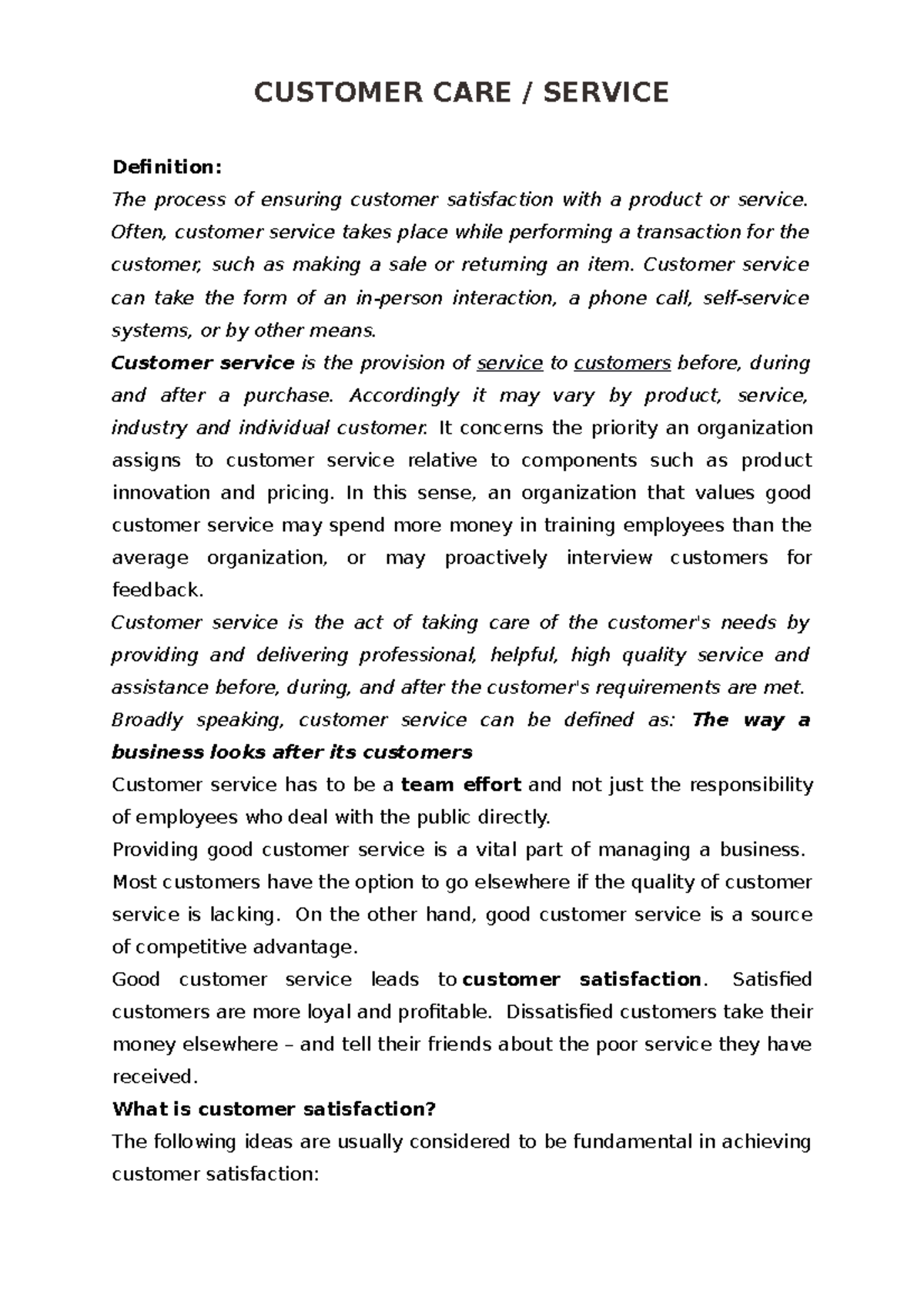 Customer Care Notes - CUSTOMER CARE / SERVICE Definition: The process ...