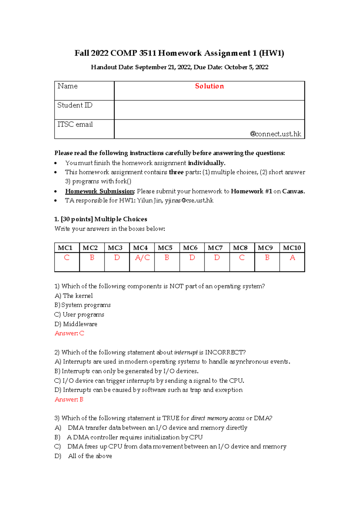 Comp3511 f2022 hw1 solution - Fall 2022 COMP 3511 Homework Assignment 1 (HW1) Handout Date ...