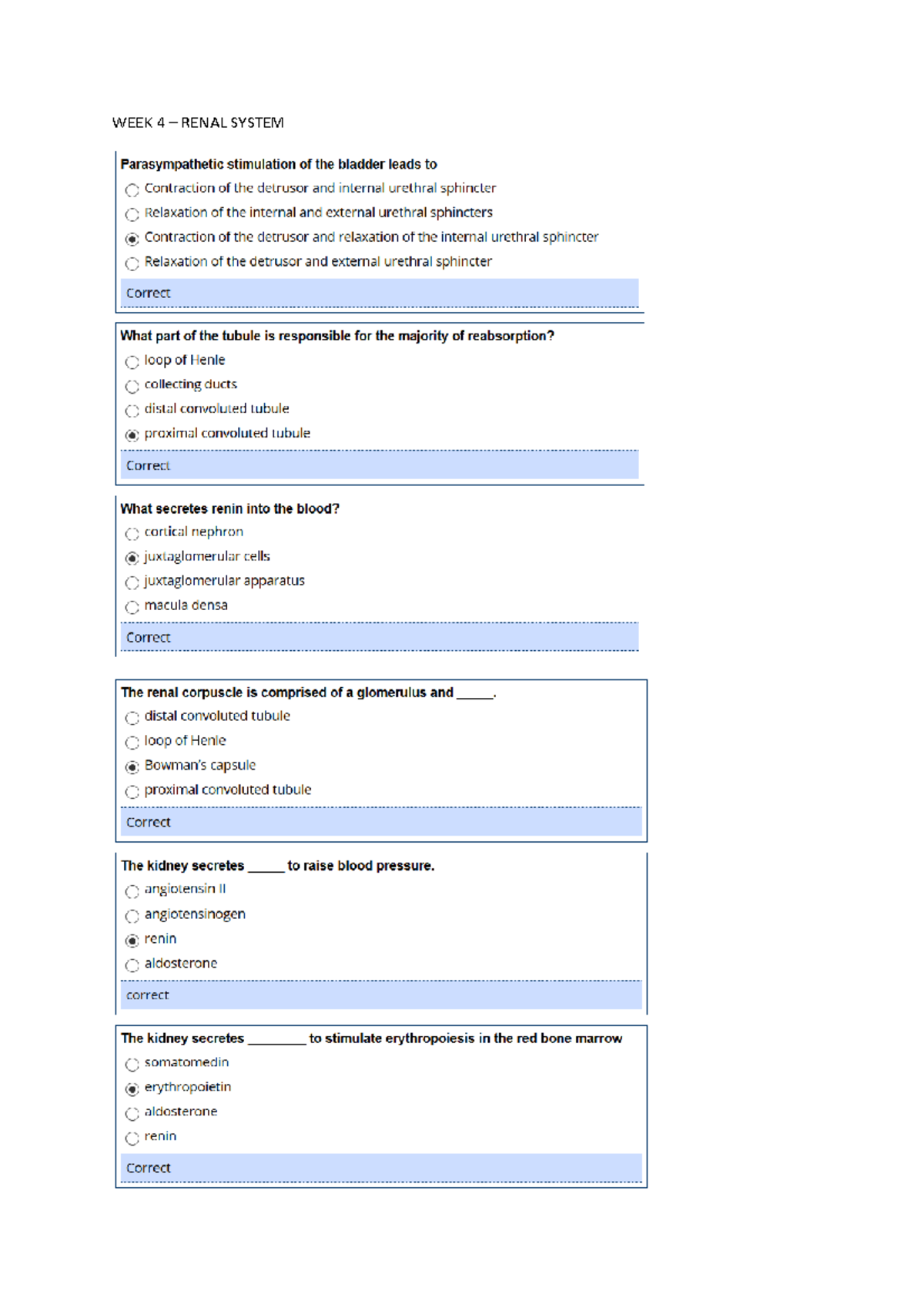 WEEK 4- Renal system Quiz qs - NSC1103 - WEEK 4 – RENAL SYSTEM - Studocu