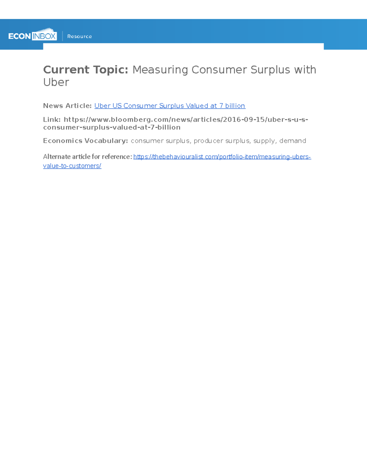 Worksheet Consumer surplus -Uber - Current Topic: Measuring Consumer ...
