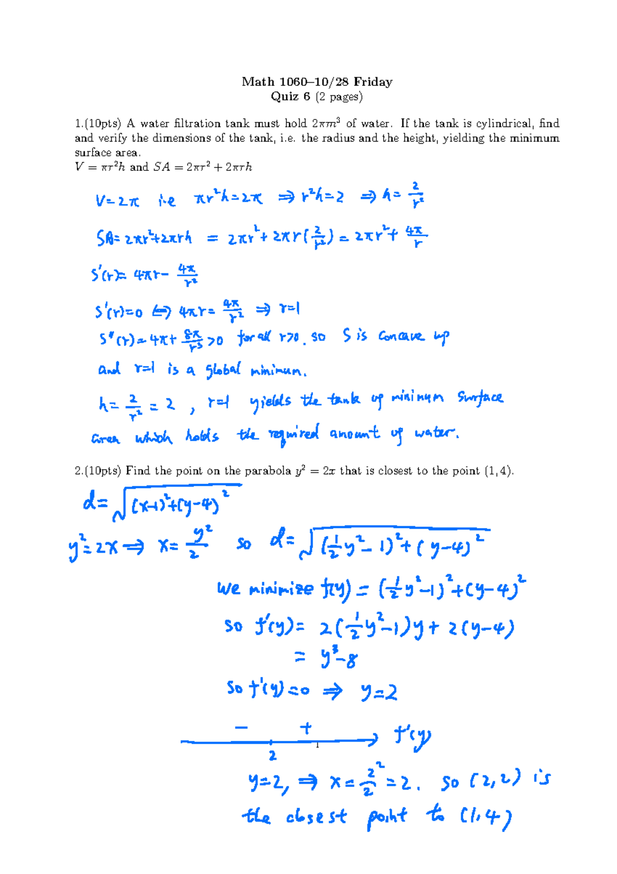 1060 2022fall quiz6 - Math 1060–10/28 Friday Quiz 6 (2 pages) 1.(10pts) A water filtration tank ...