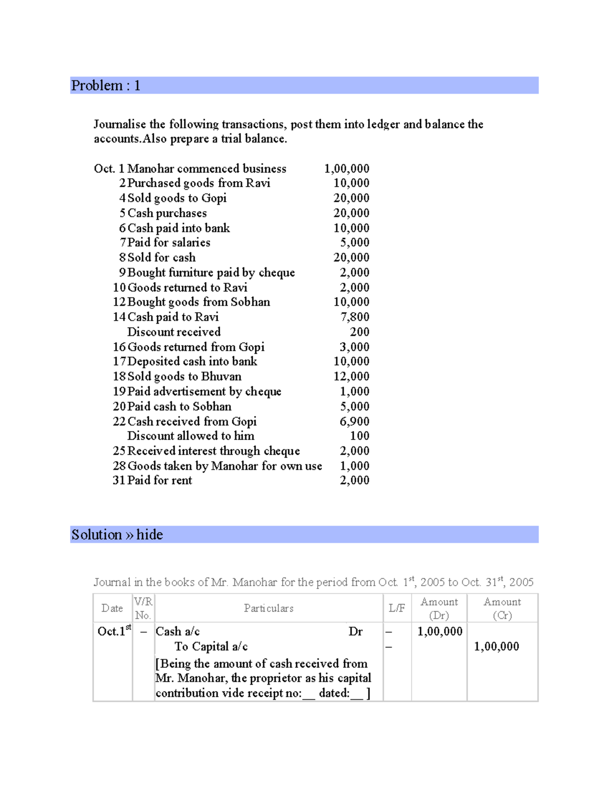 Accounting Cycle Problems Solutions - Problem : 1 Journalise the ...