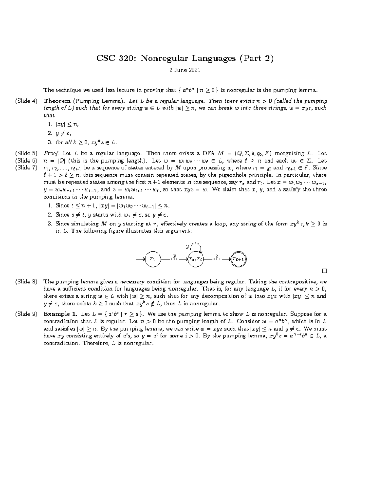 Lecture 06 notes 2 - CSC 320: Nonregular Languages (Part 2) 2 June 2021 ...
