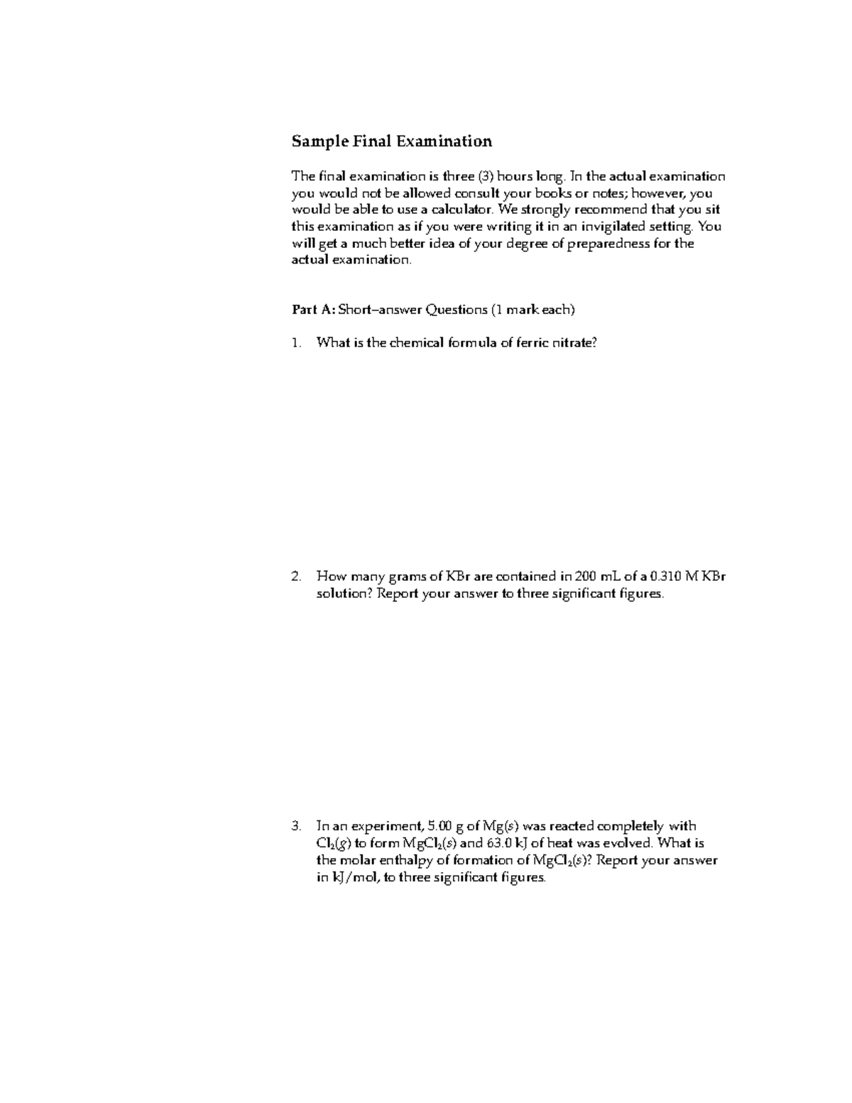 Sample Final Examination - In the actual examination you would not be ...