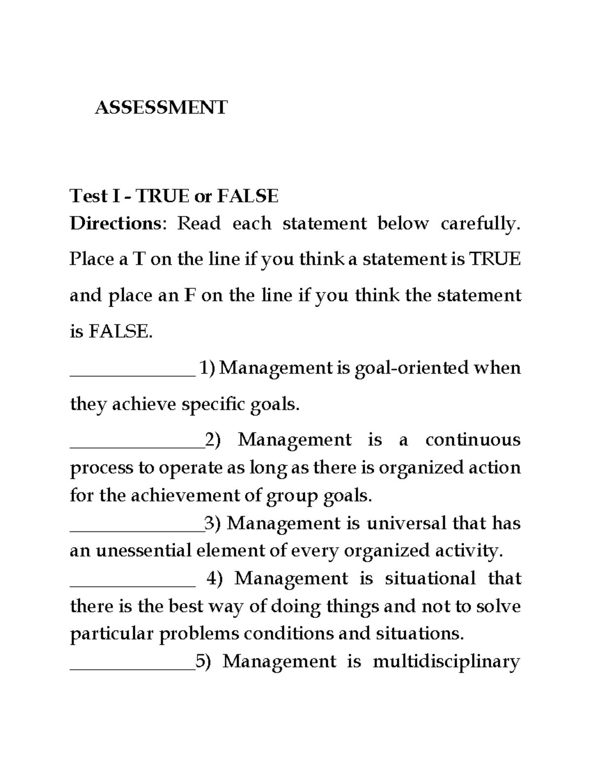 Activity 2 - ASSESSMENT Test I - TRUE or FALSE Directions: Read each ...