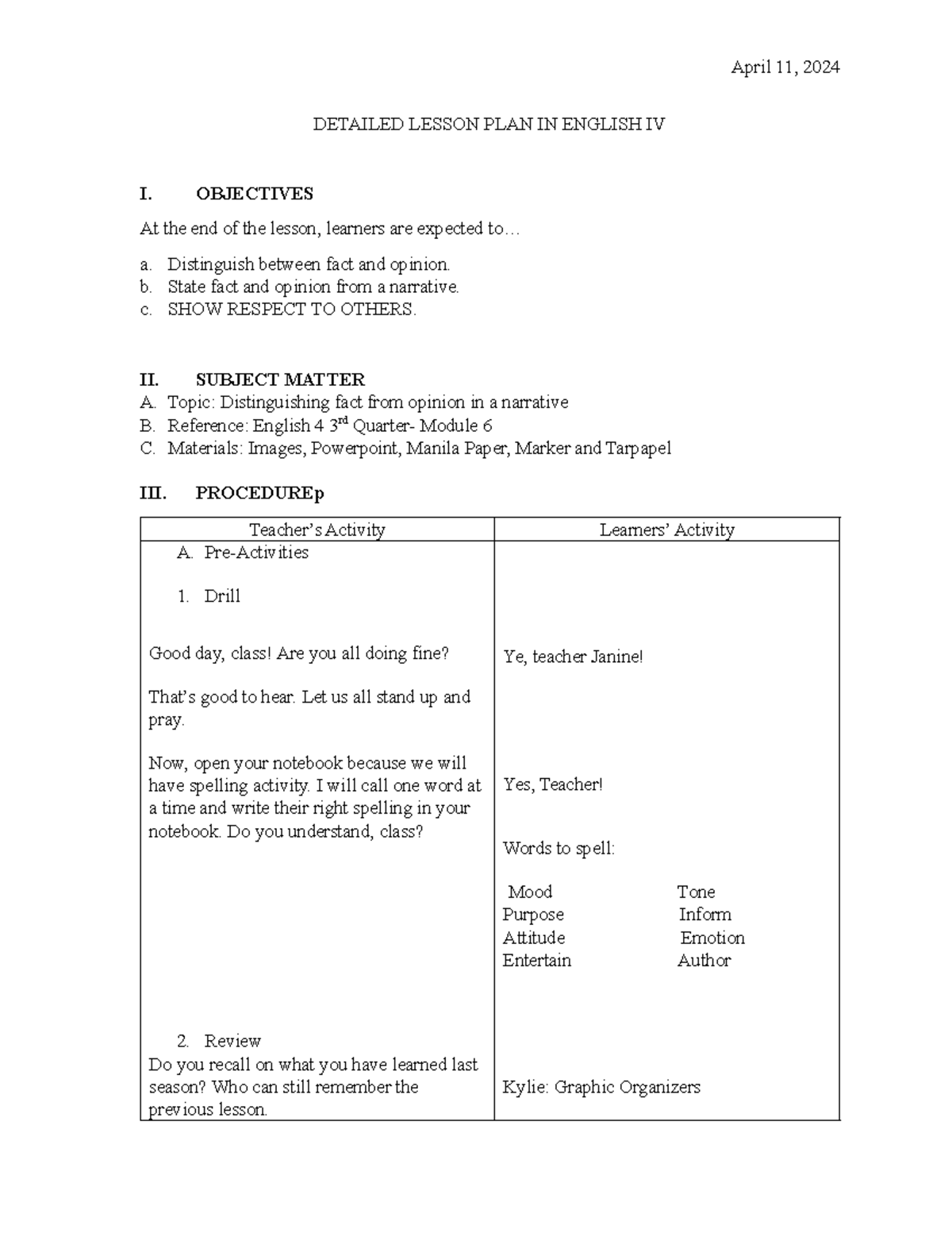 DLP- Signal- Words - DETAILED LESSON PLAN IN ENGLISH IV I. OBJECTIVES ...