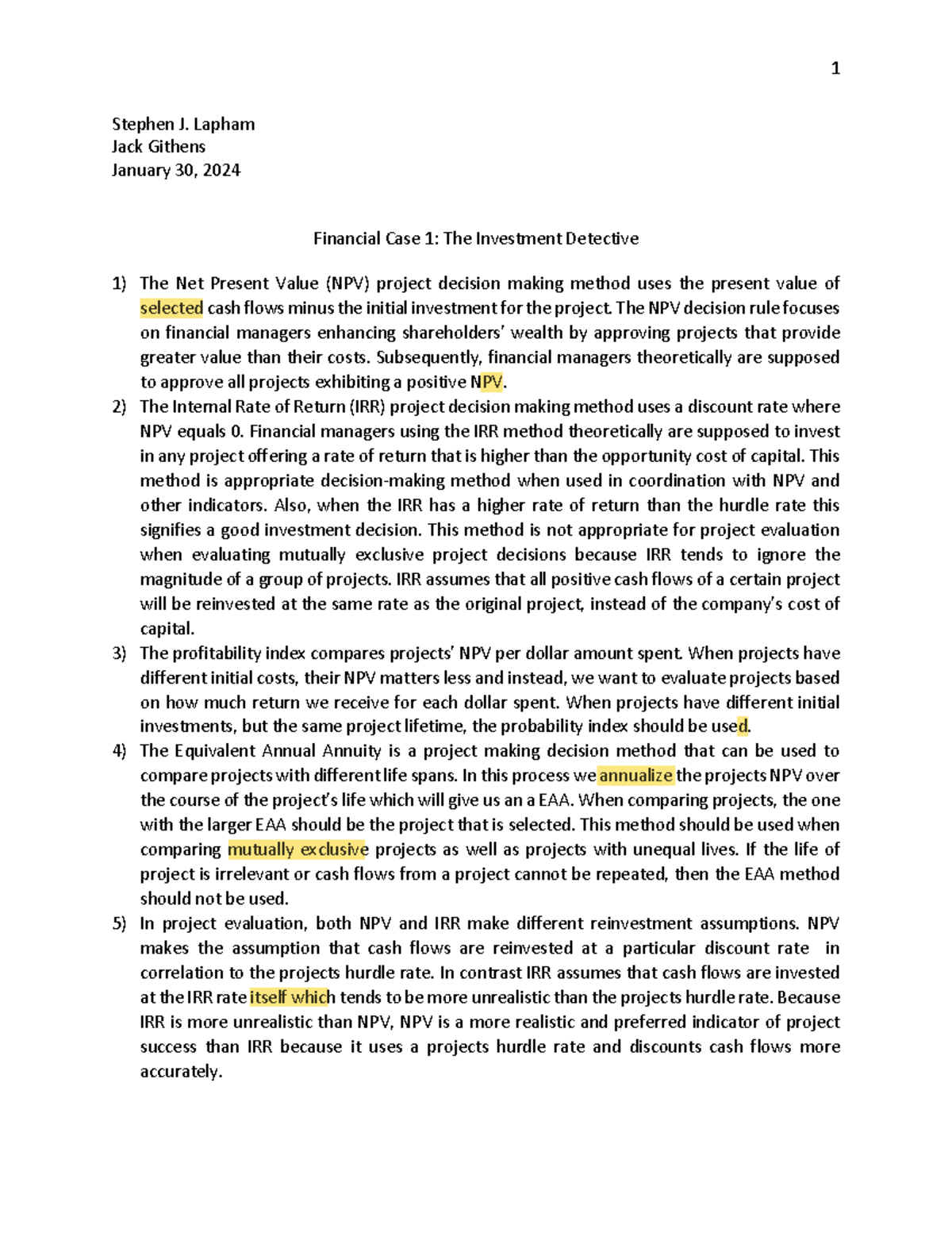Annotated-Copy Case 1 BFIN 423 - 1 Stephen J. Lapham Jack Githens ...