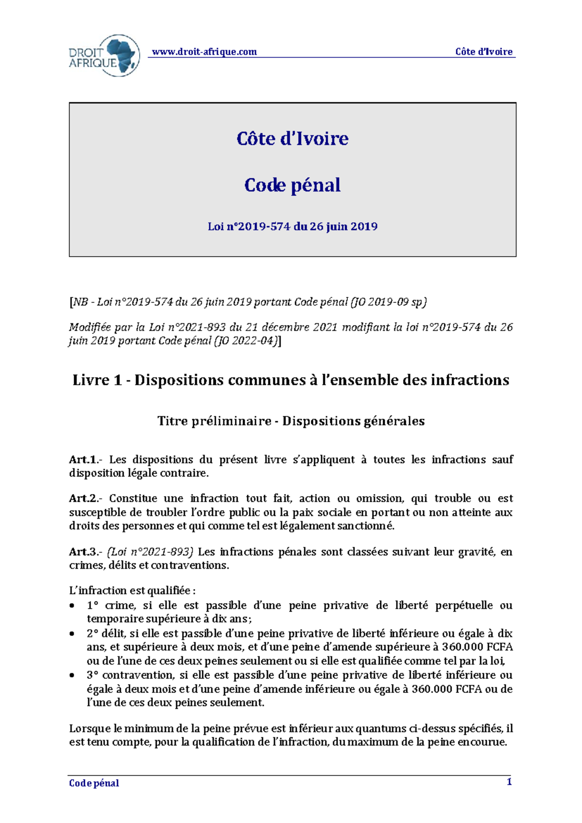 RCI Code 2019 penal - Côte d’Ivoire Code pénal Loi n°2019‐ 574 du 26 ...