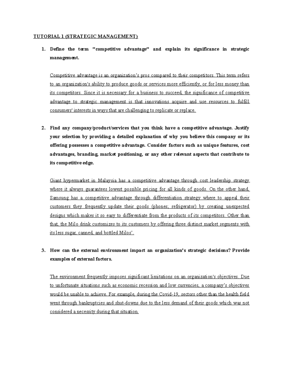 Tutorial 1 (strategic management) - TUTORIAL 1 (STRATEGIC MANAGEMENT ...
