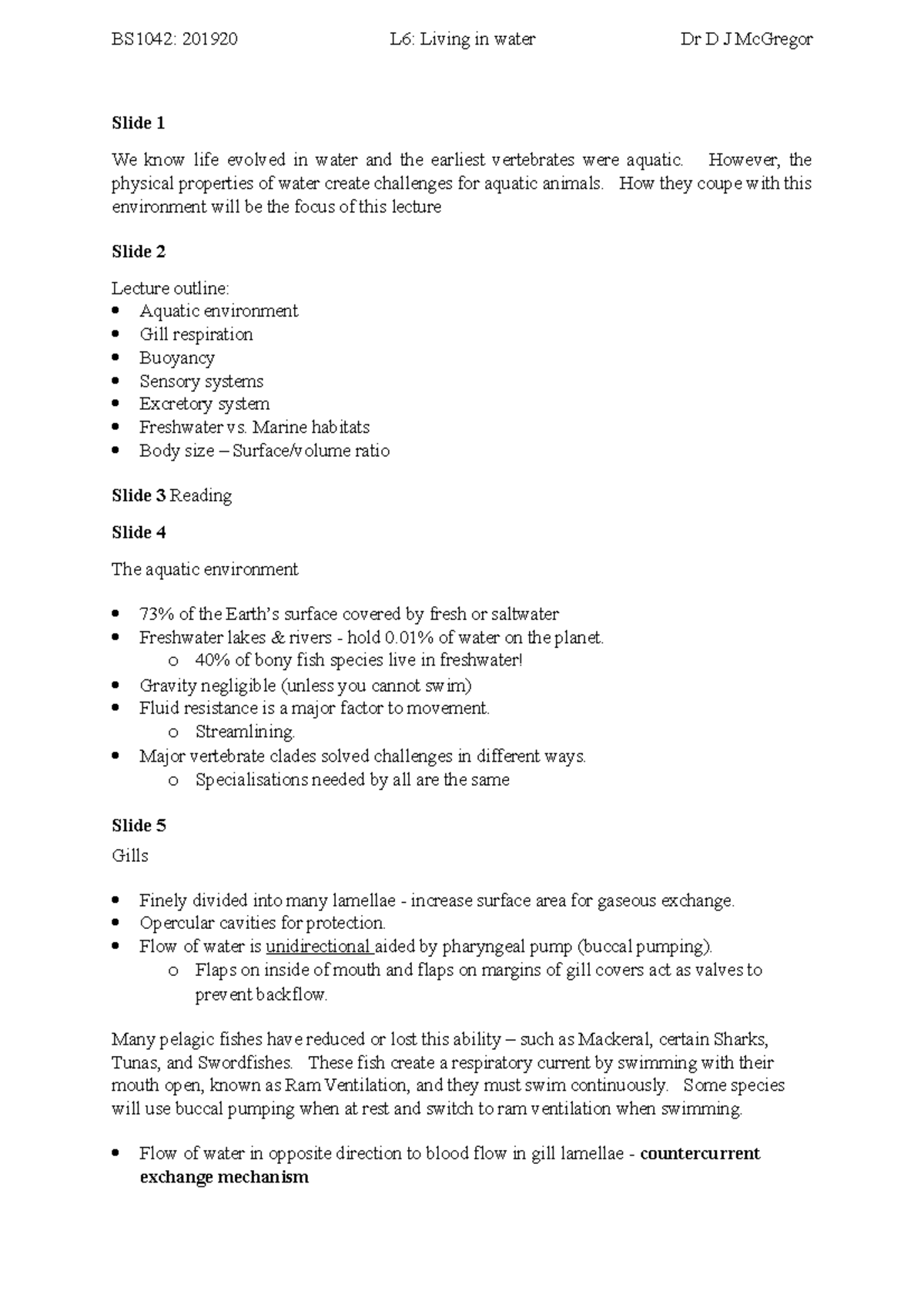 B Living in Water notes 2019 20 - BS1042: 201920 L6: Living in water Dr ...