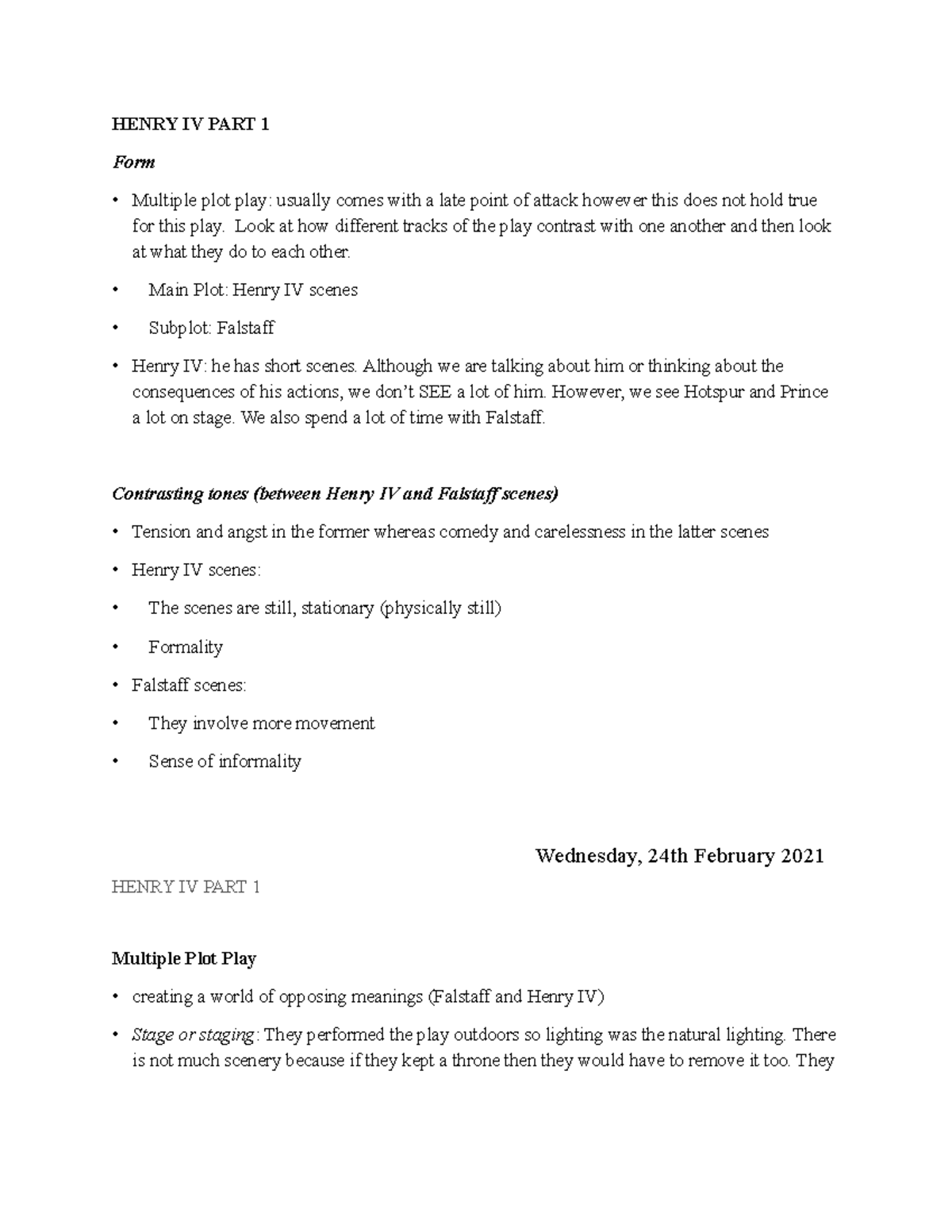 THEA 210W- Henry IV PART 1 - HENRY IV PART 1 Form Multiple plot play ...