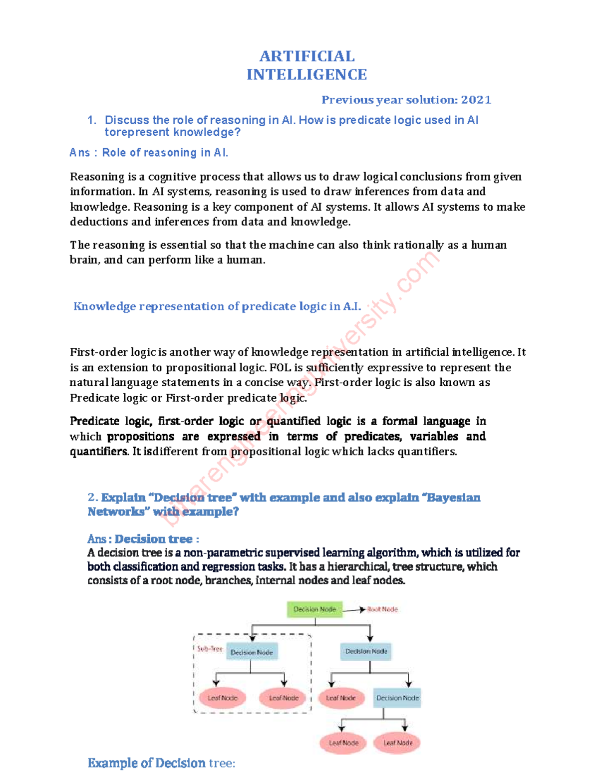 A.I 2021 beu pyq solution - ARTIFICIAL INTELLIGENCE Previous year ...