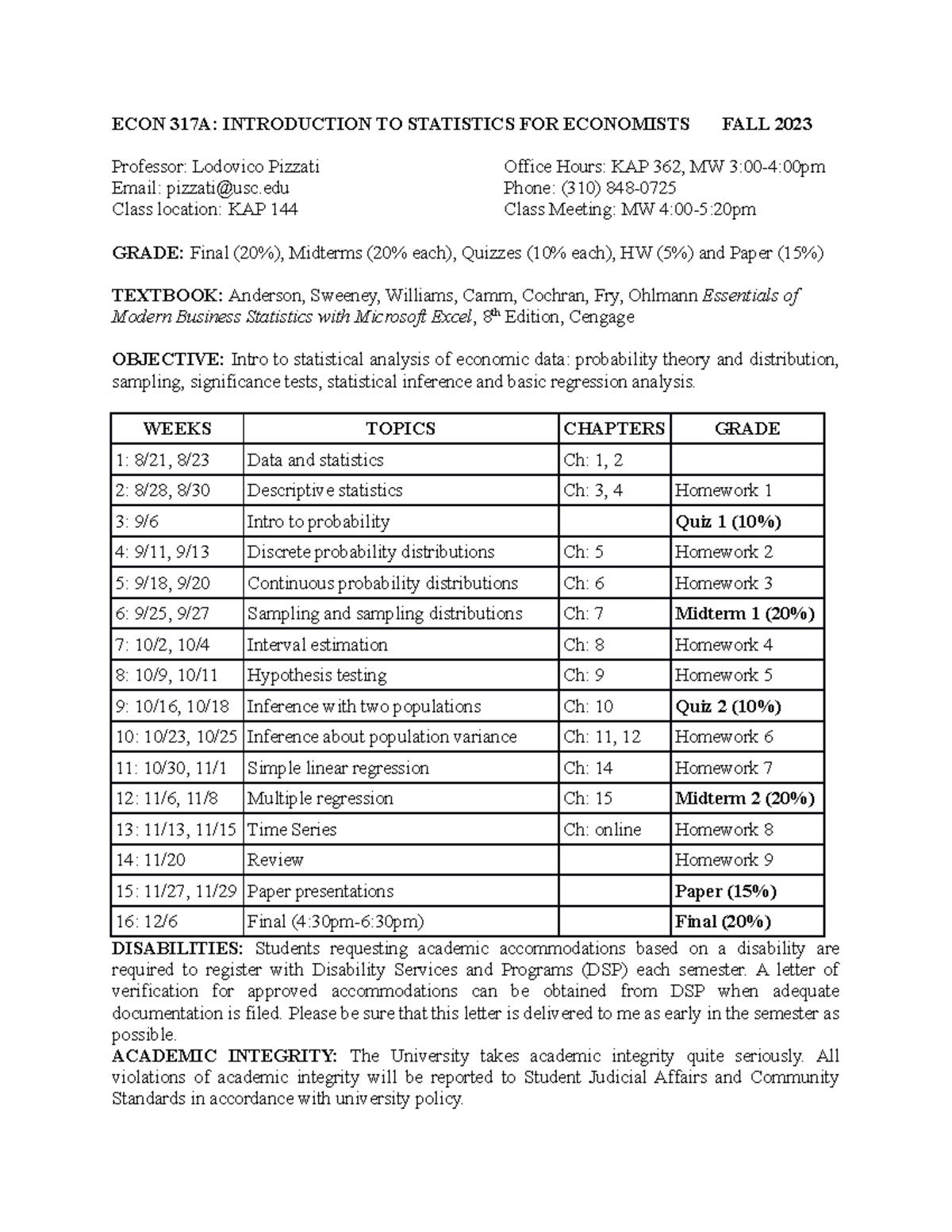 Syllabus - Econ 317A - Fall 2023 - ECON 317A: INTRODUCTION TO ...