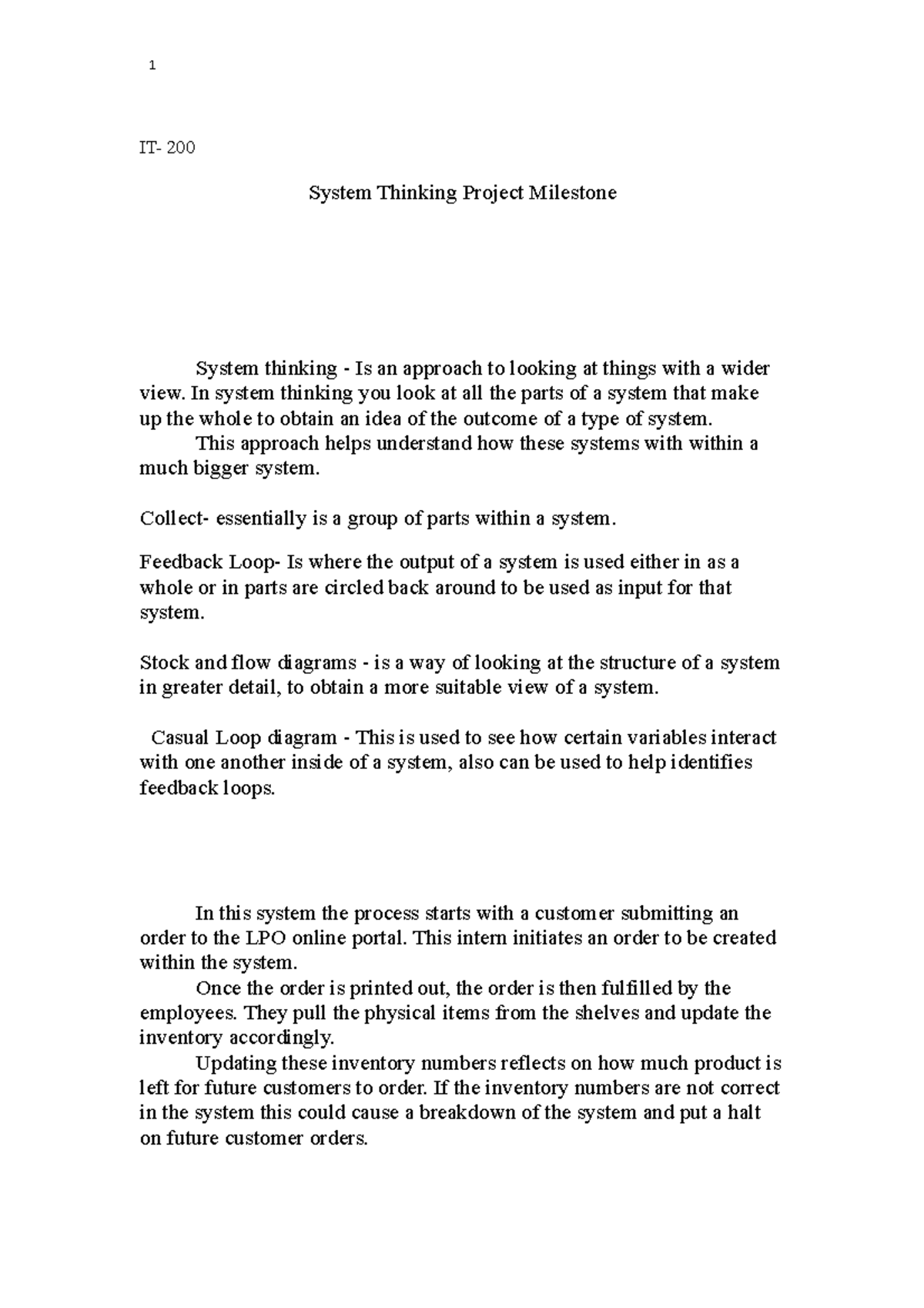 Systems Thinking Milestone - IT- 200 System Thinking Project Milestone ...