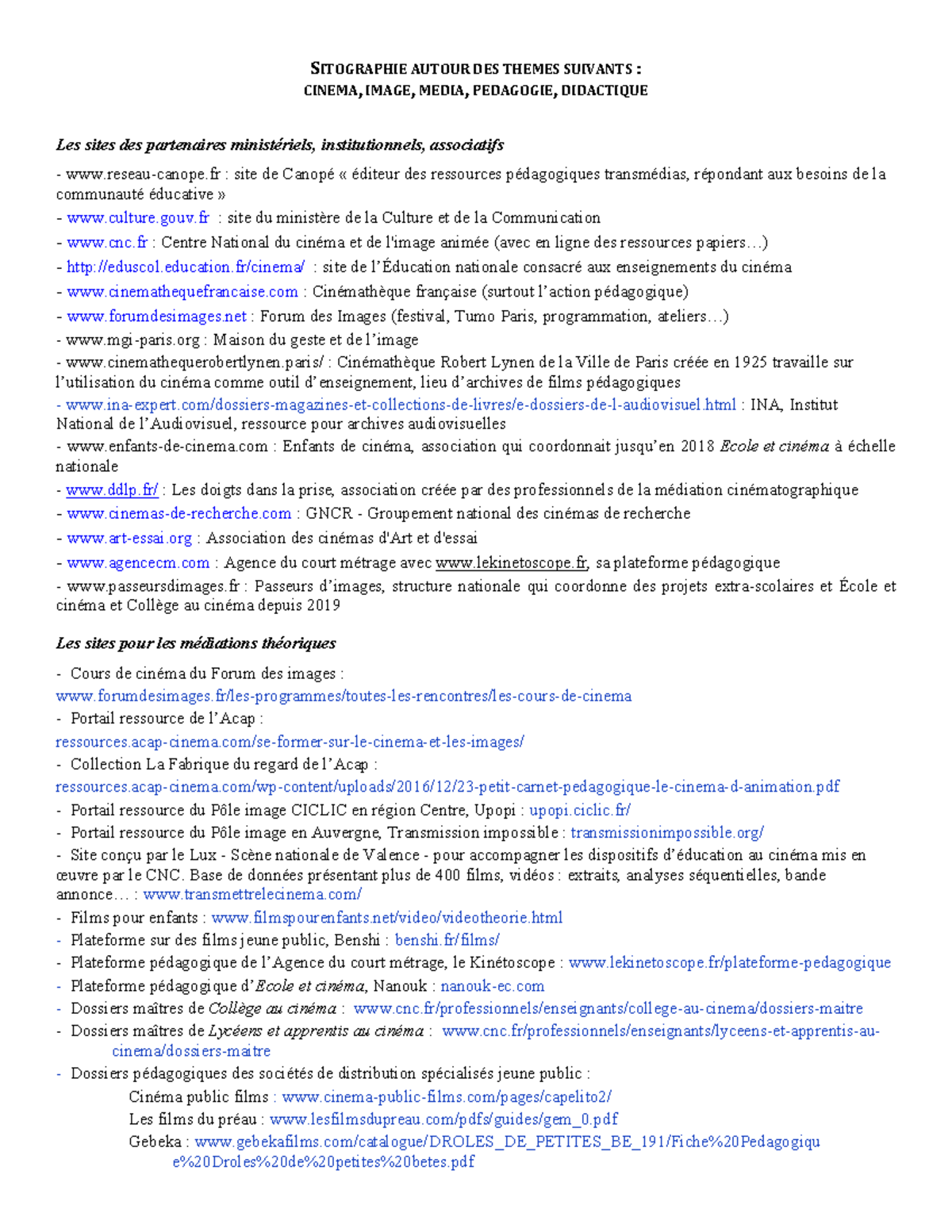 Sitographie - SITOGRAPHIE AUTOUR DES THEMES SUIVANTS : CINEMA, IMAGE ...