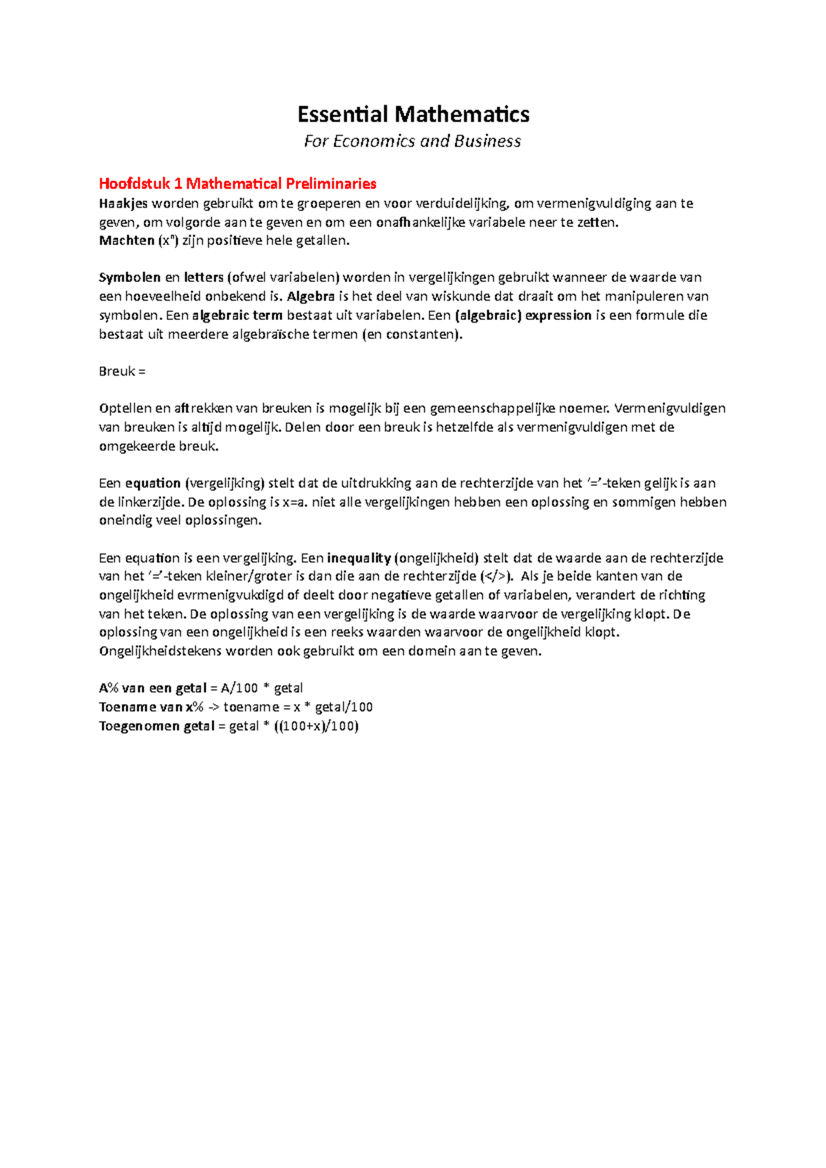 Samenvatting Wiskunde - Essential Mathematics For Economics and ...