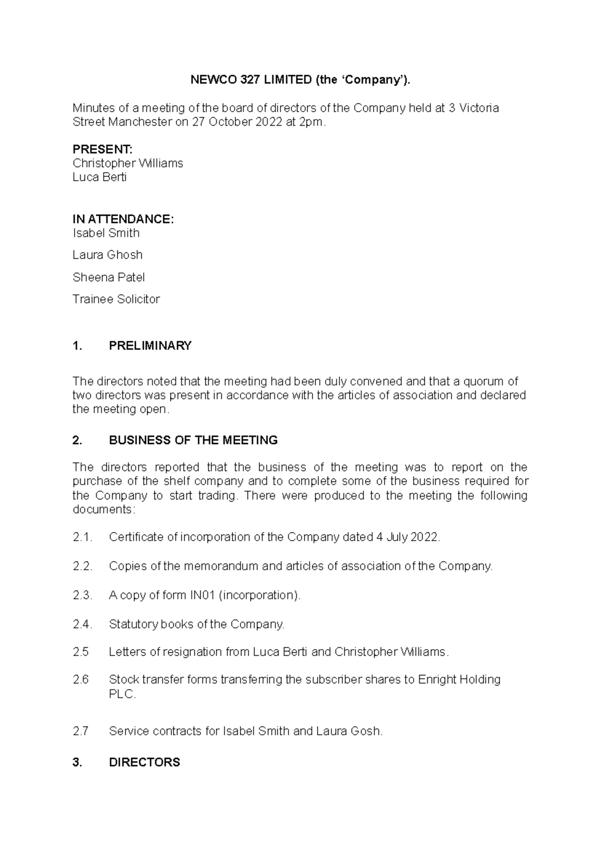 Task 1- Minutes of meeting Draft - NEWCO 327 LIMITED (the ‘Company ...