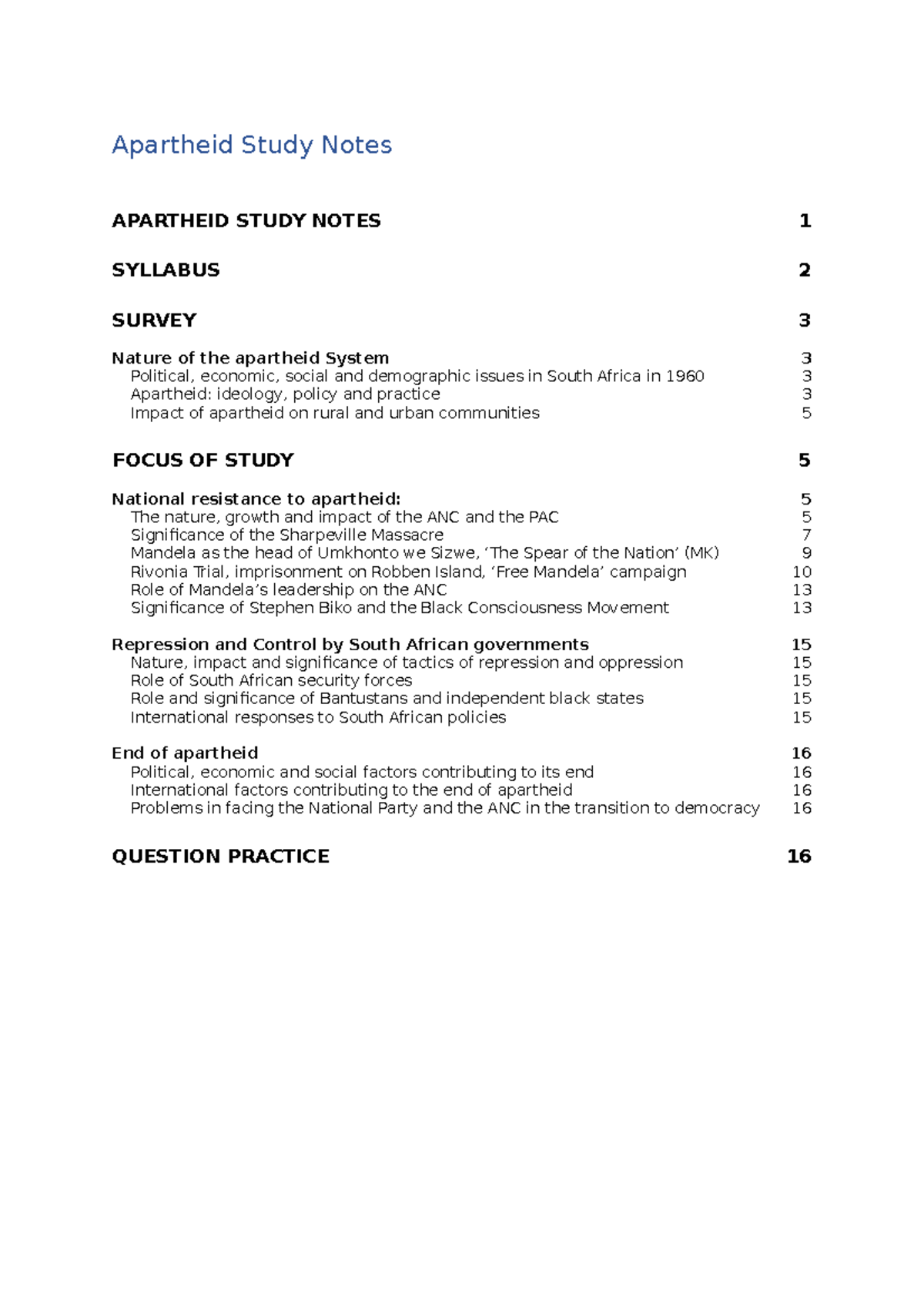Apartheid Study Notes - APARTHEID STUDY NOTES Apartheid Study Notes ...