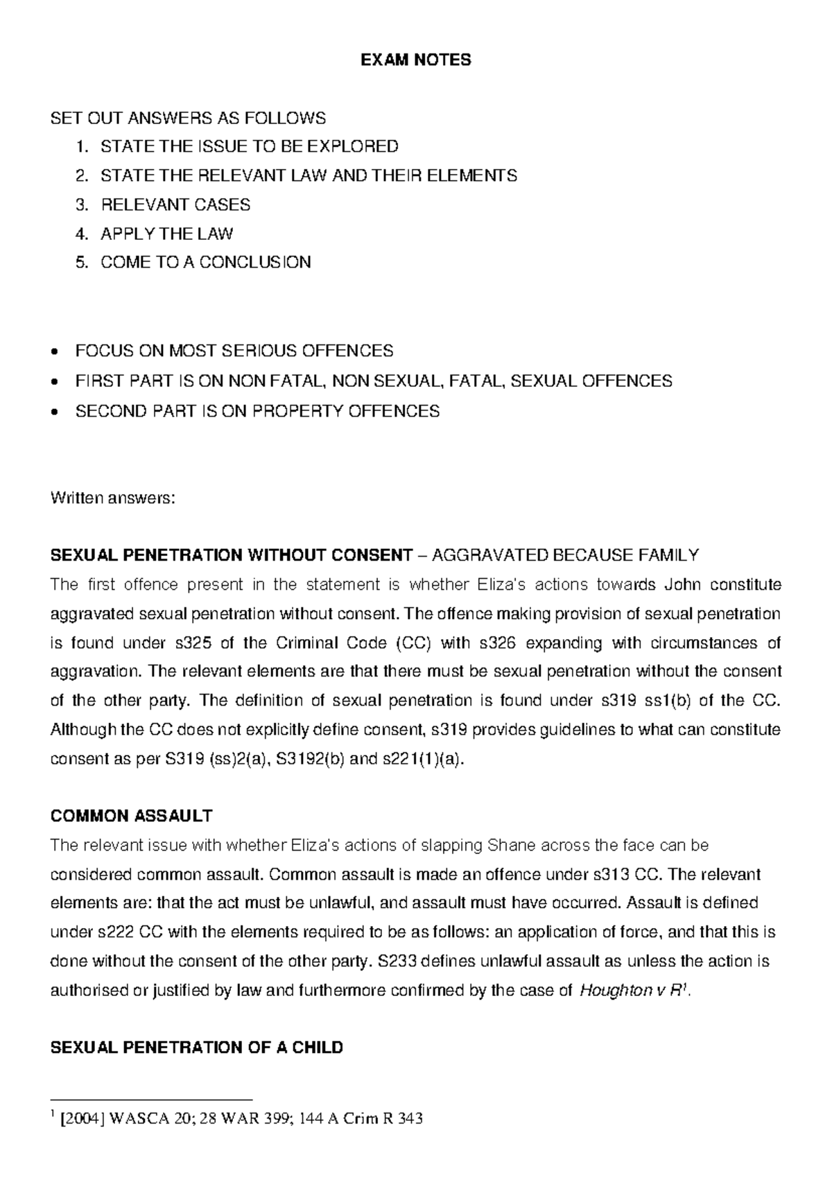 Criminal Law Exam Notes - EXAM NOTES SET OUT ANSWERS AS FOLLOWS 1 ...