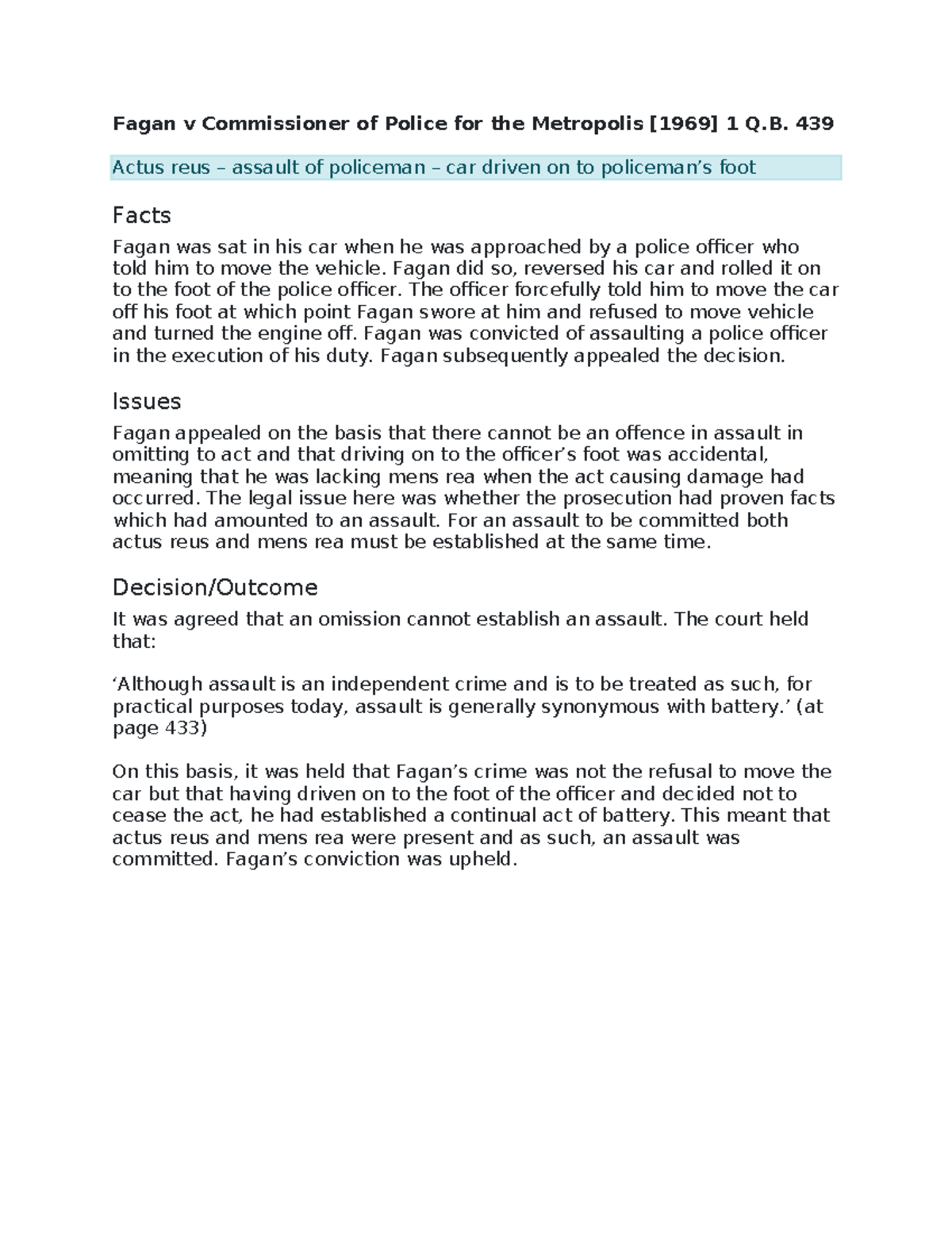 Fagan v Commissioner for Metropolitan Police - Fagan v Commissioner of ...