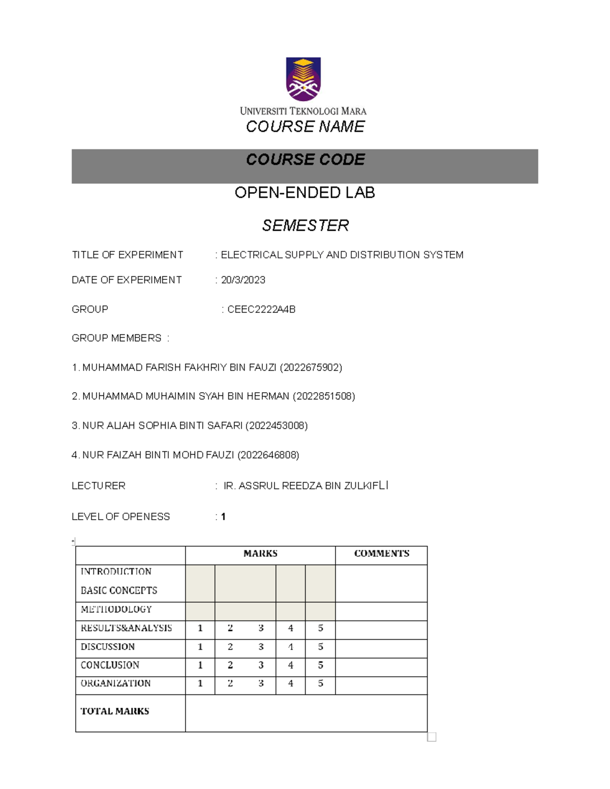 LAB 2 Single Phase Wiring - COURSE NAME COURSE CODE OPEN-ENDED LAB ...